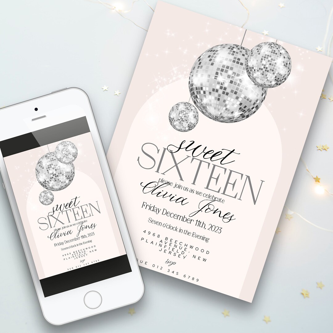 Sweet 16 Birthday Invite Blush Glitter Ball Sweet Sixteen Party ...