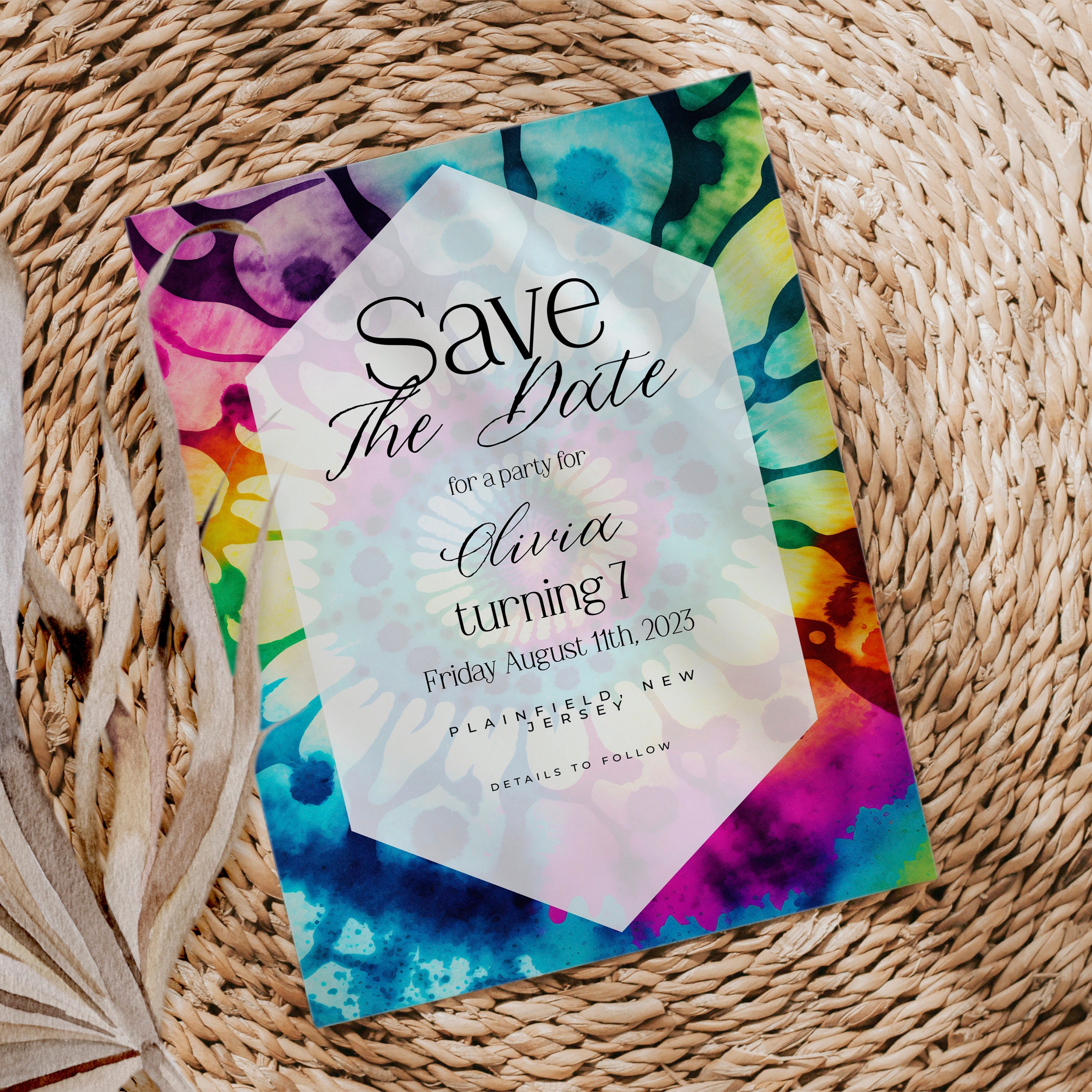 Editable Tie Dye Save the Date Invitations Festival Birthday Colourful ...