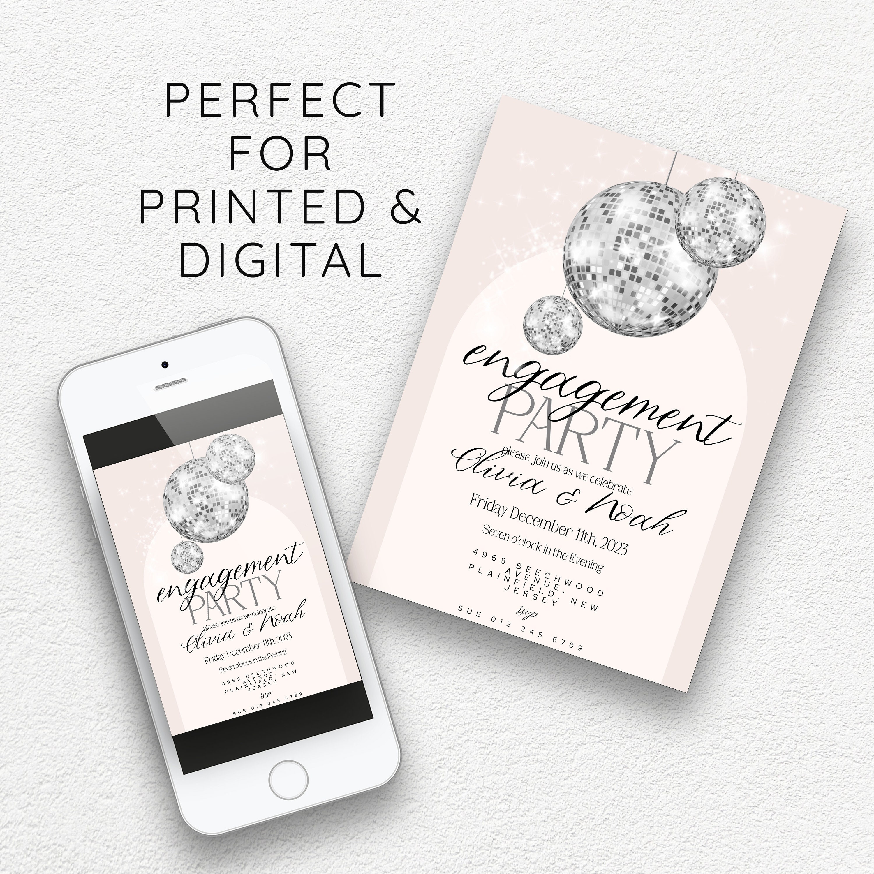 Editable Disco Engagement Party Invitation, Glitter Ball Invite ...