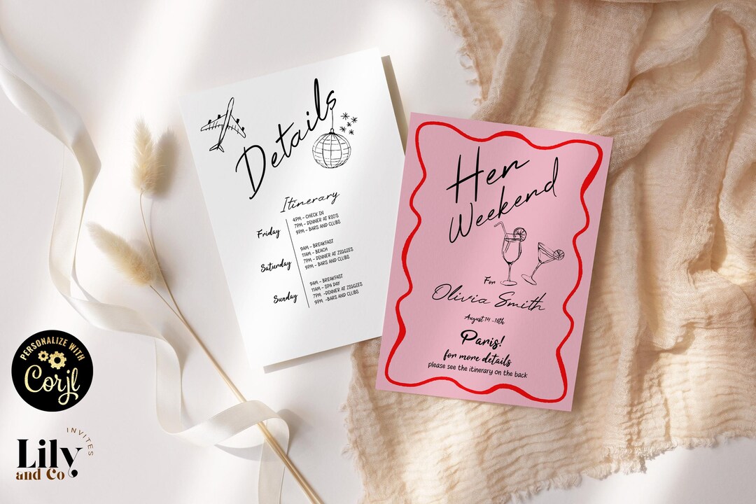 Editable Hen Weekend Itinerary Invite Hand Drawn Bachelorette Weekend ...