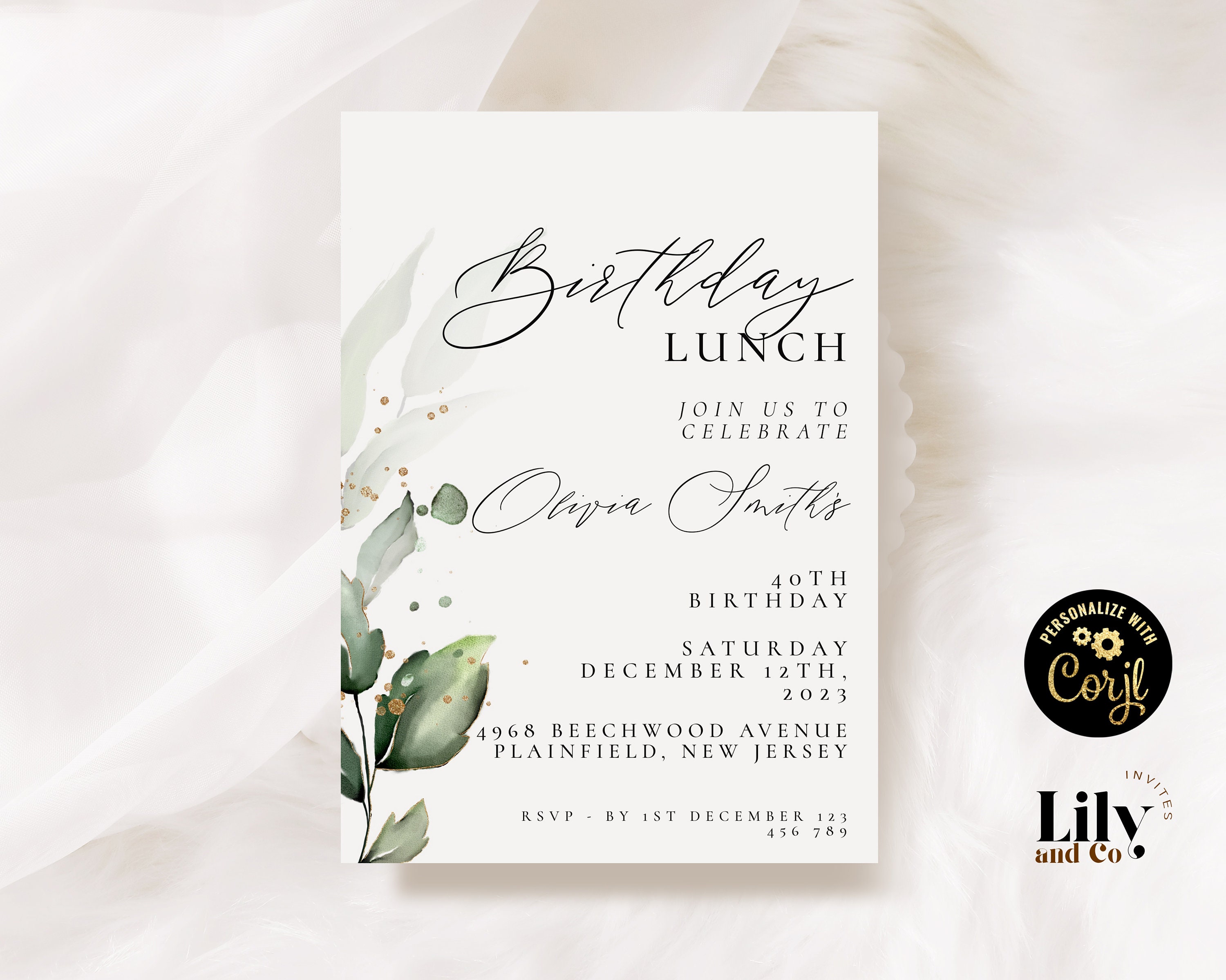 Editable Greenery Birthday Lunch Invitation Green Leaves Gold Invite ...