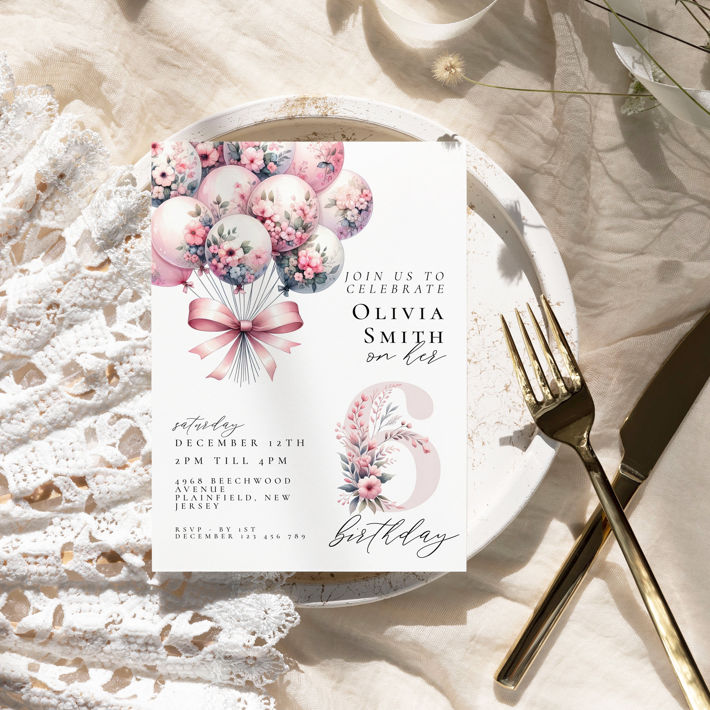 Editable Whimsical 6th Birthday Invitation Pink Balloons Printable Six ...