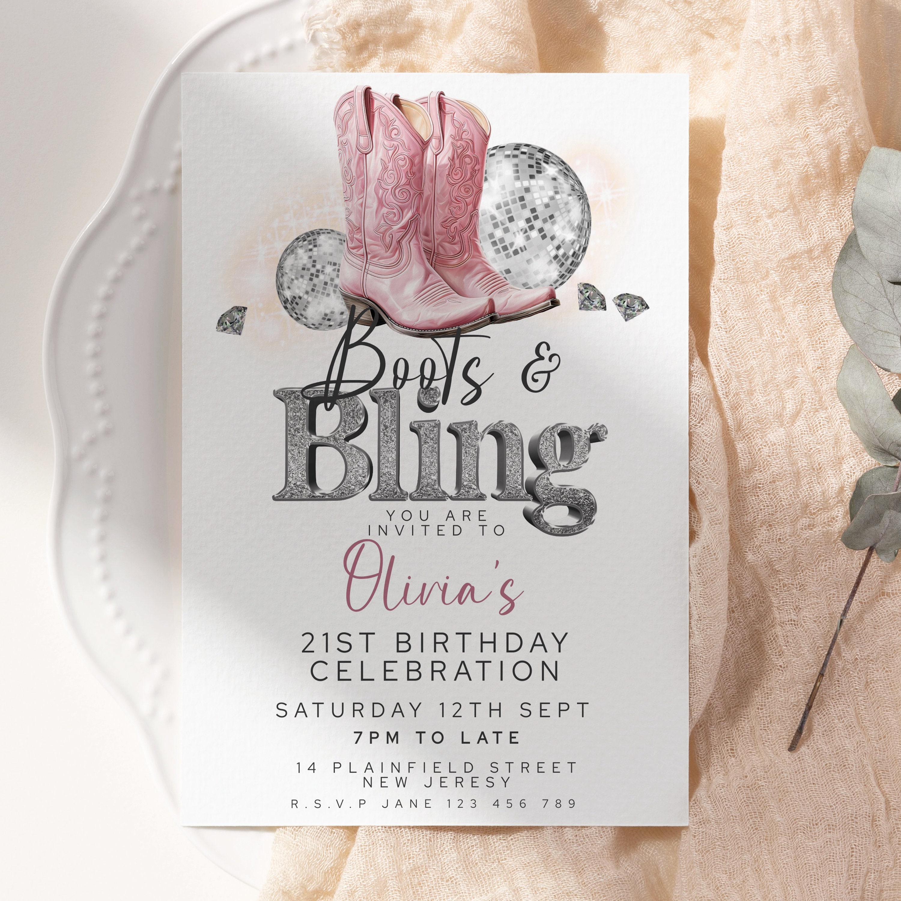 Pink Boots and Bling Invitation Cowboy Boots Birthday Invite Glitter ...