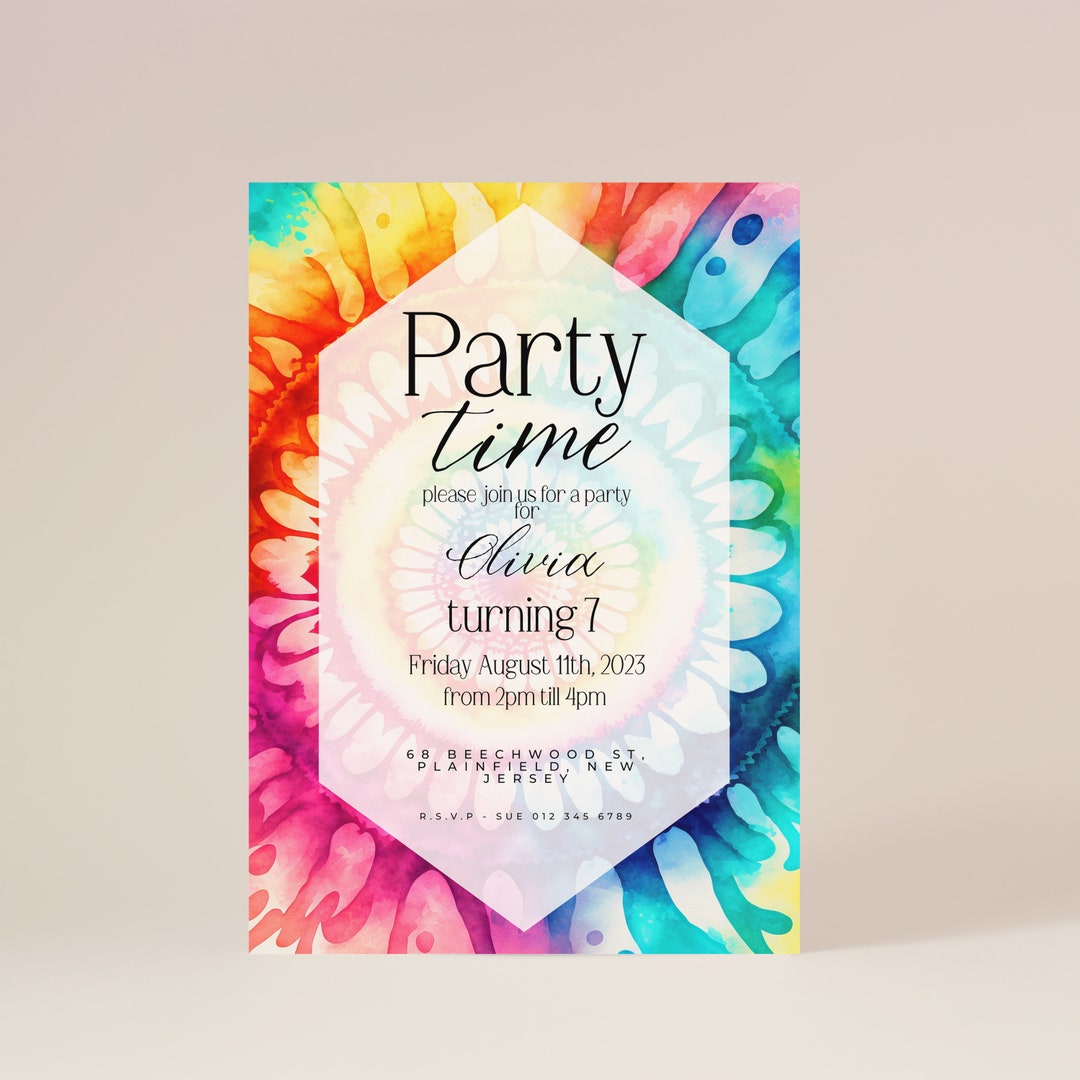 Editable Tie Dye Birthday Invitations Modern Teenagers Colourful ...