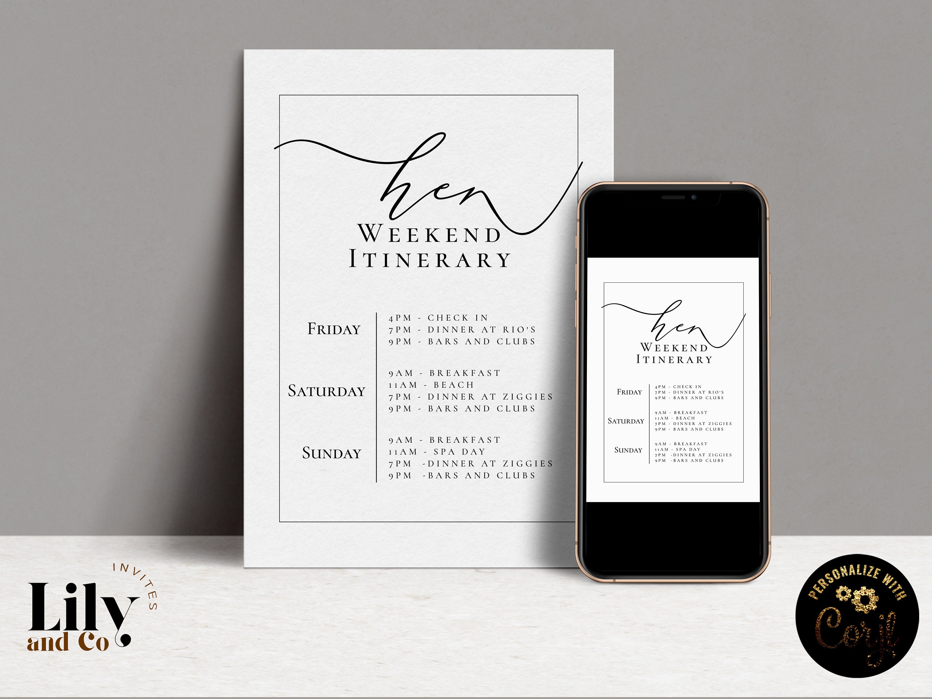 Editable Hens Weekend Itinerary Invite Simple Elegant Modern ...