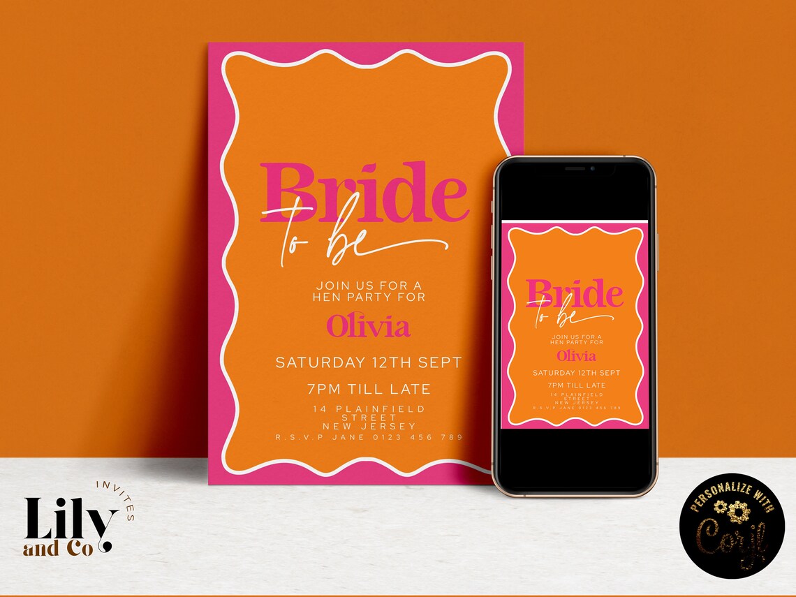 Retro Pink Orange Hen Party Invitations Retro Modern Editable Invite ...