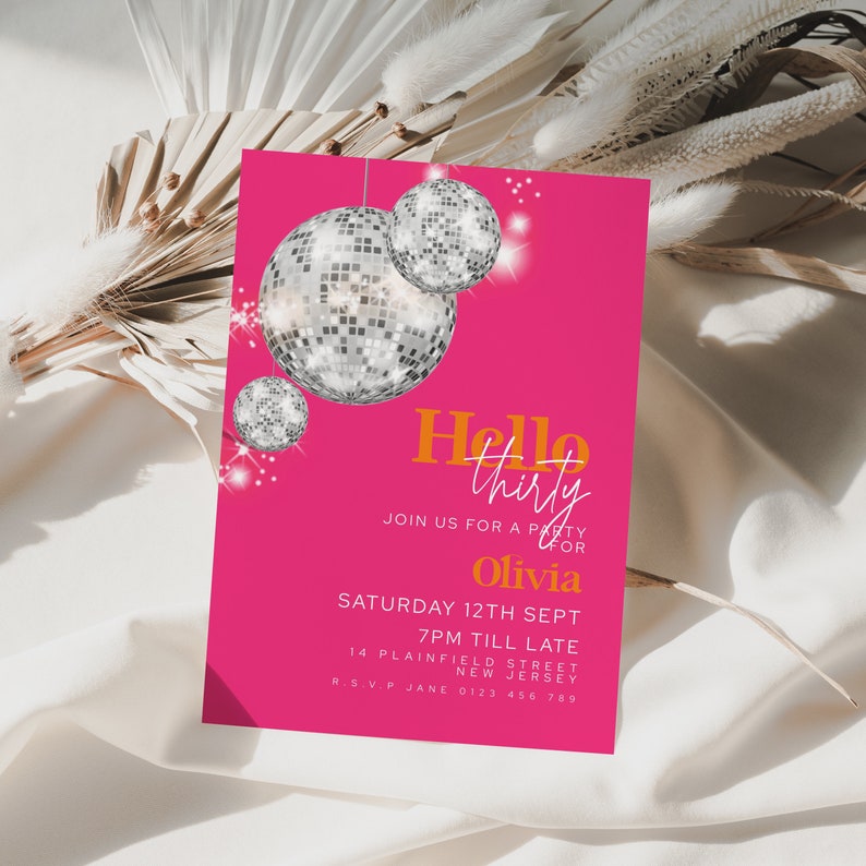 Hot Pink 30th Birthday Invite Disco Ball Hot Pink Orange Hello 30 Party ...