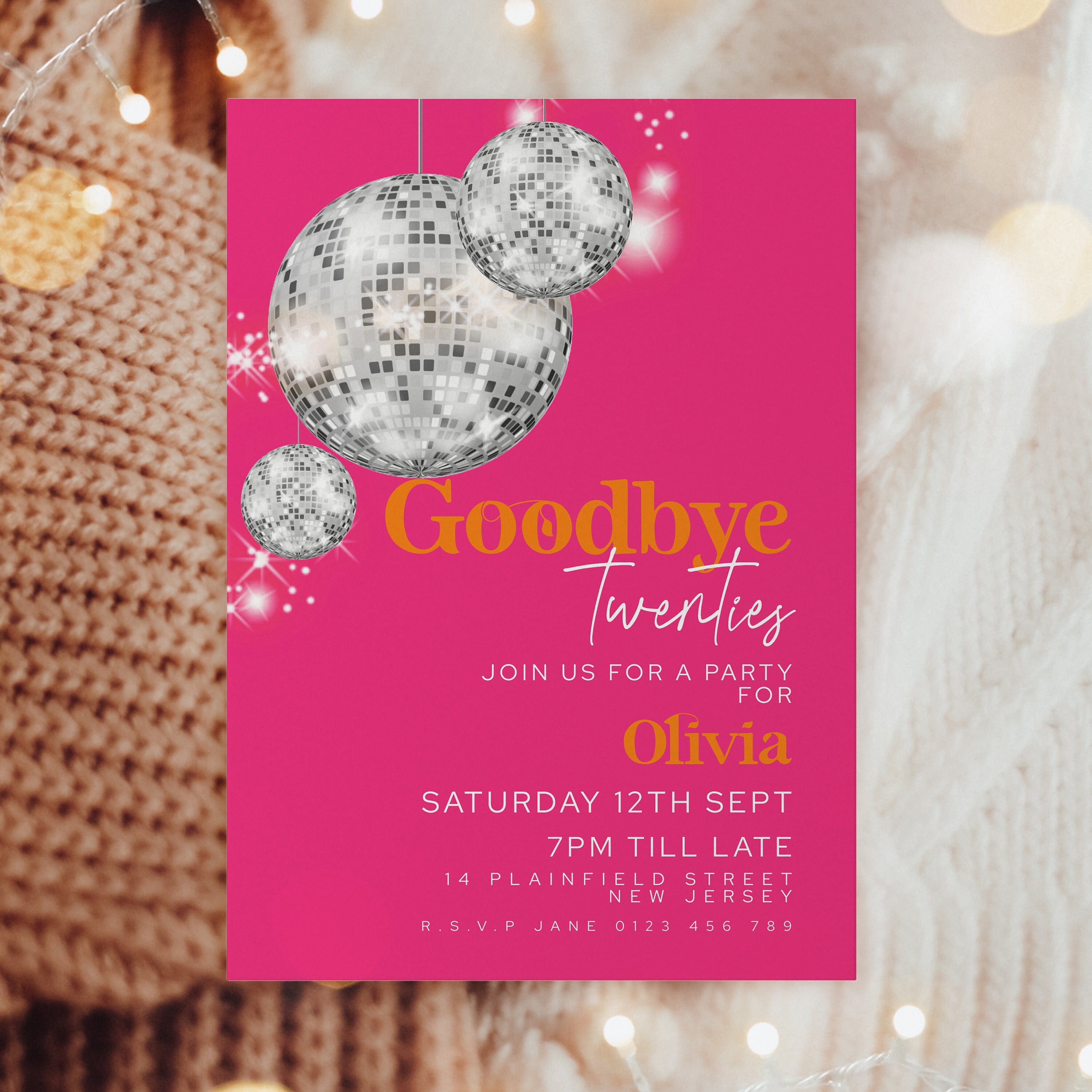 Goodbye Twenties Birthday Invite Disco Ball Hot Pink Orange 30th Party ...