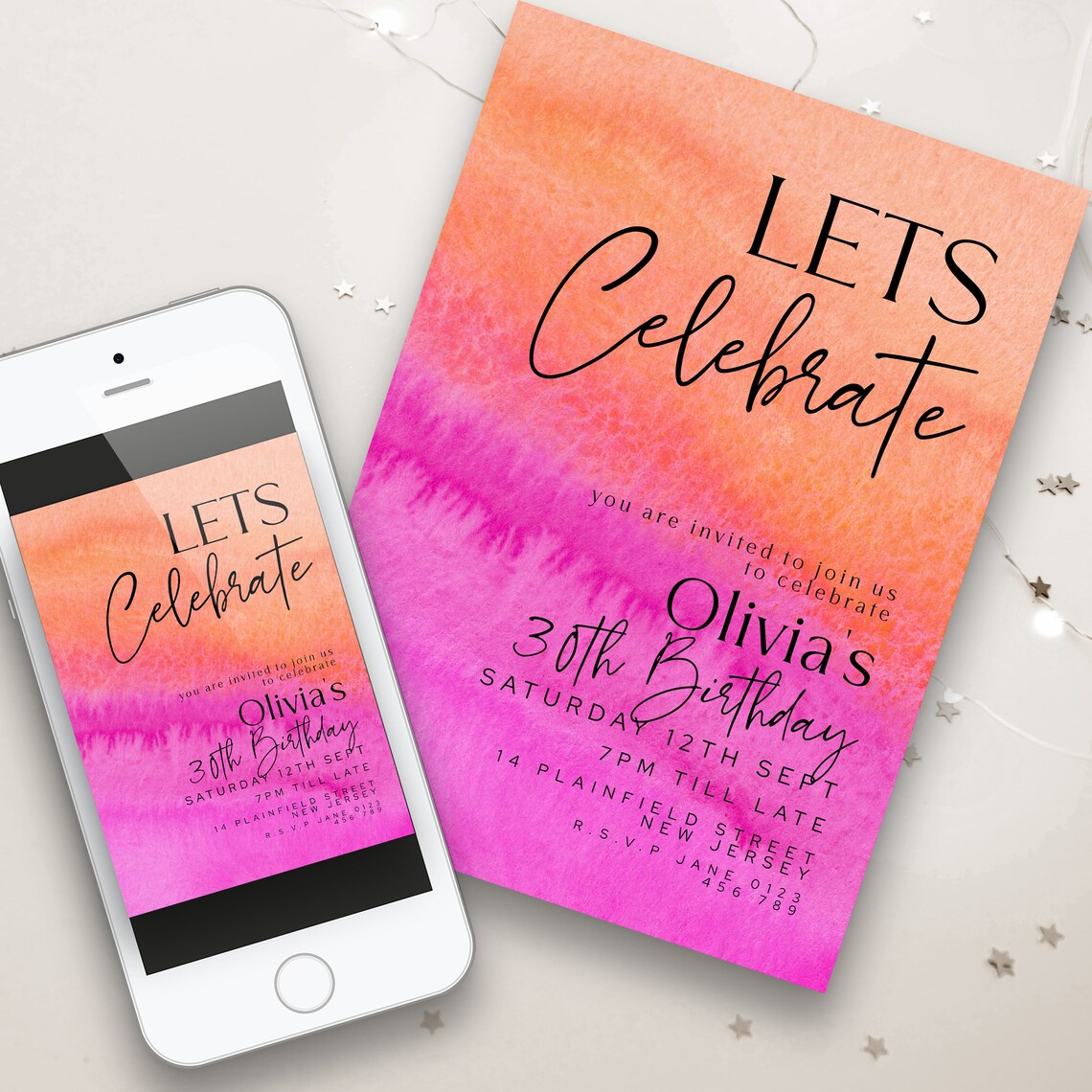 Hot Pink and Orange Invitation Editable Watercolour 30th Birthday Party ...