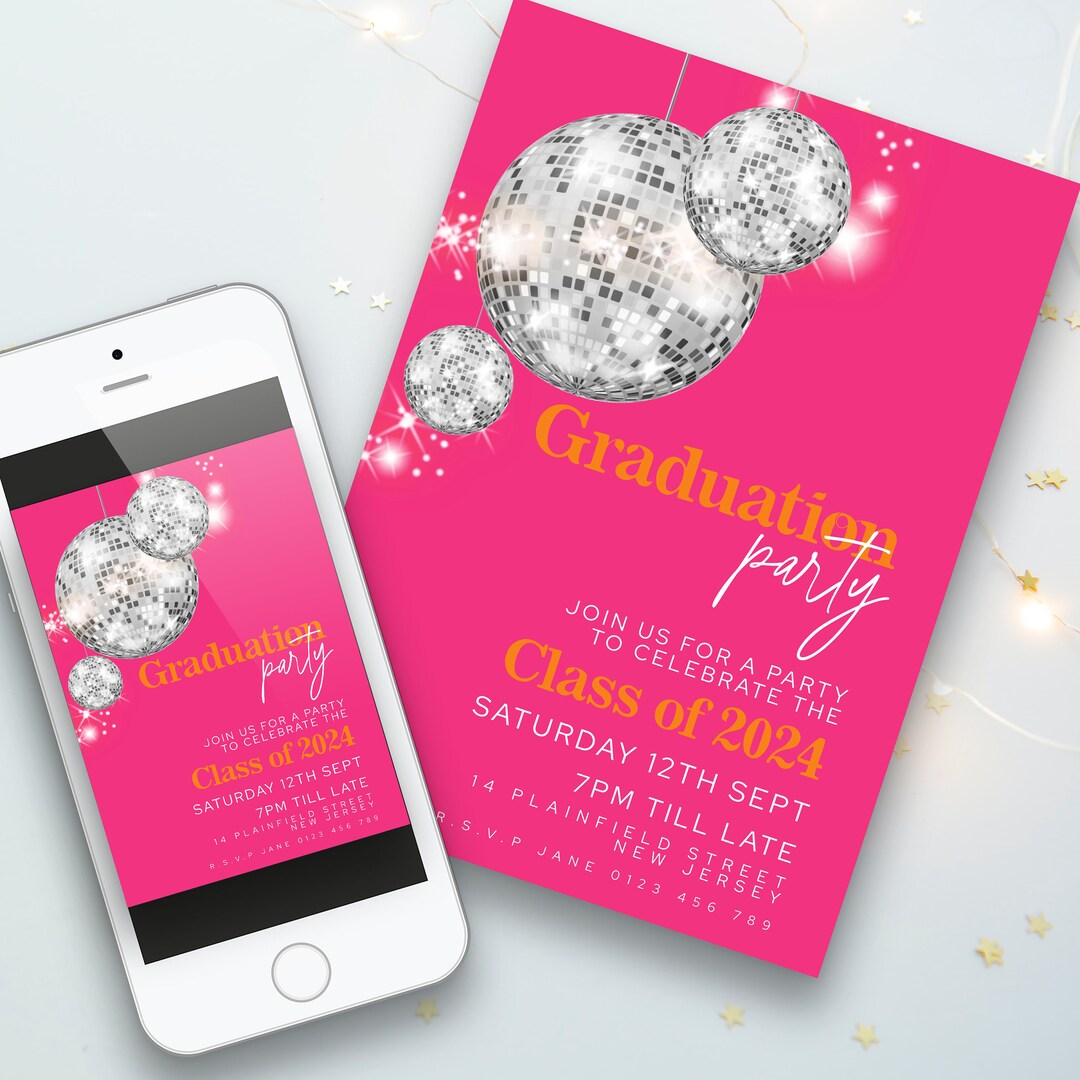 Glitter Ball Graduation Party Invite Pink Disco Ball School Leaving ...