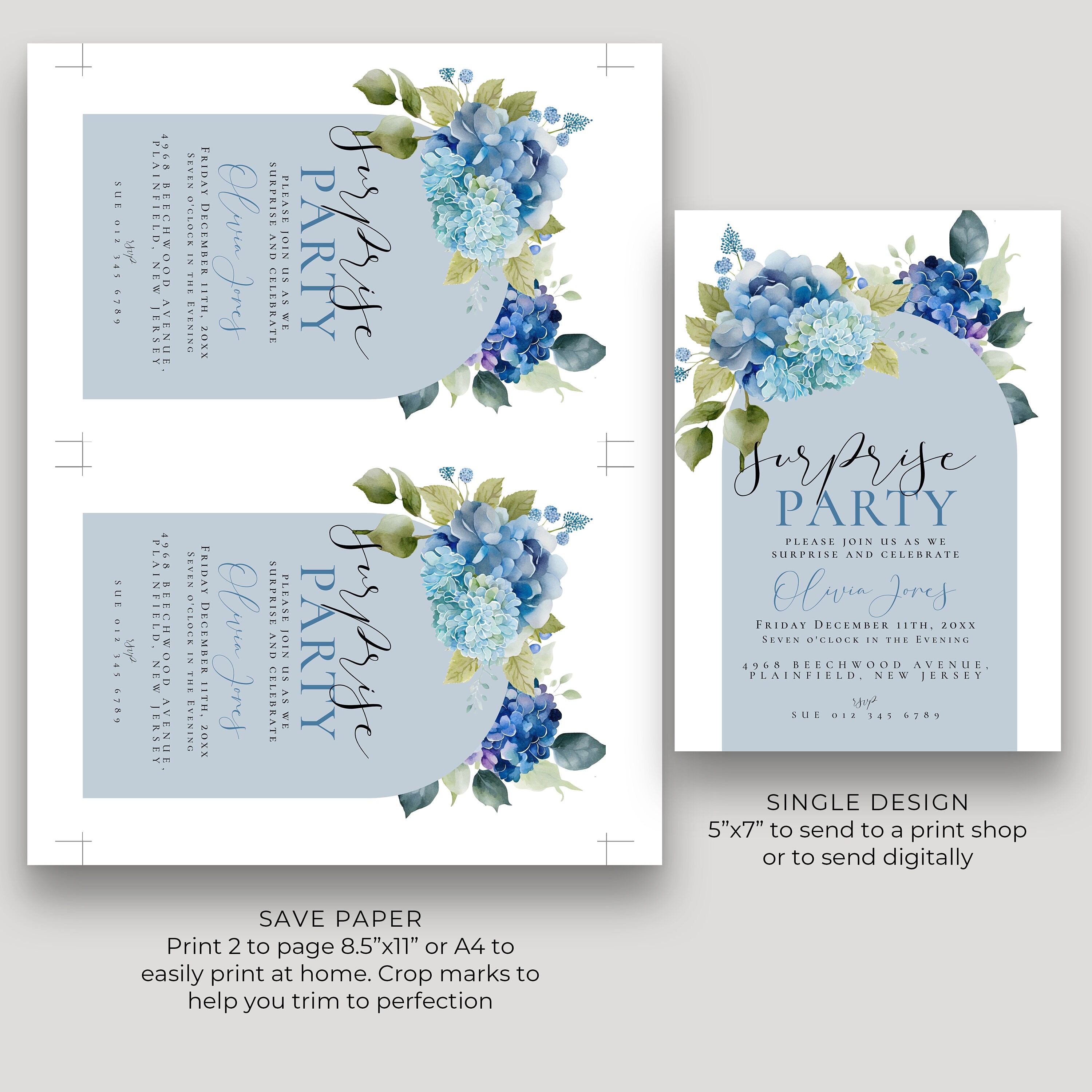 Editable Blue Surprise Party Invitation Blue Hydrangeas Any Age ...