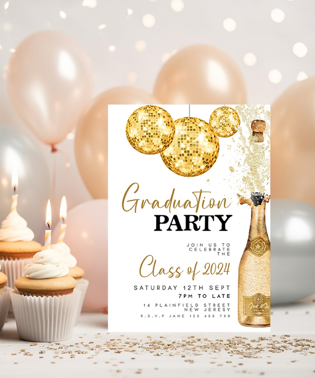 Disco Ball Graduation Party Invite Champagne Gold School Leaving Party ...