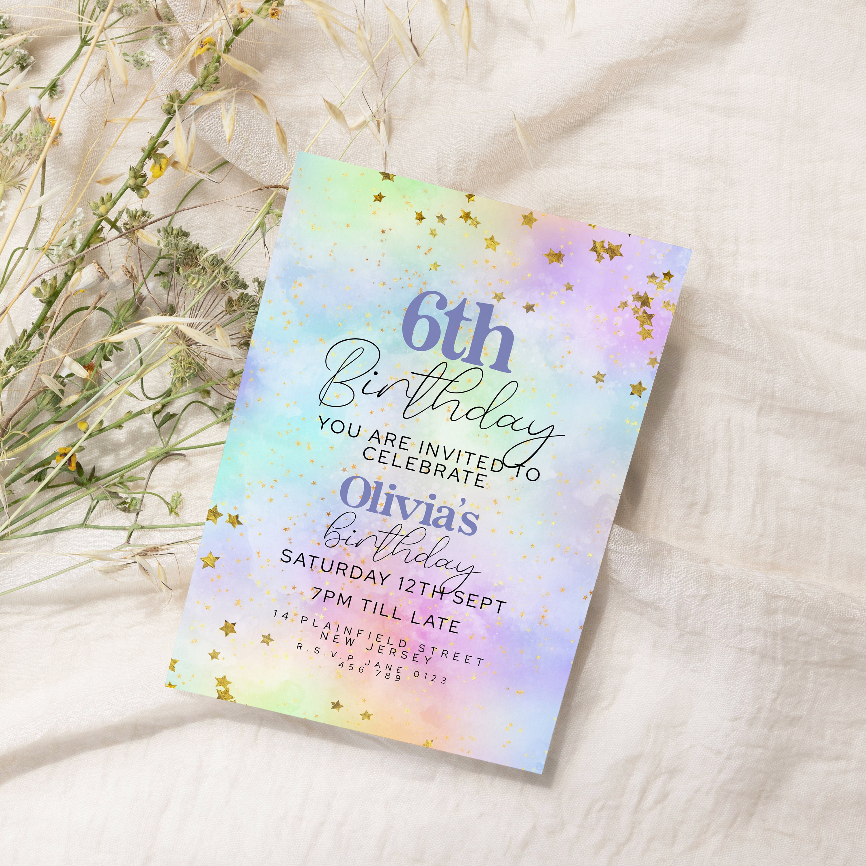 Editable 6th Birthday Invitation Watercolour Pastel Rainbow Printable ...