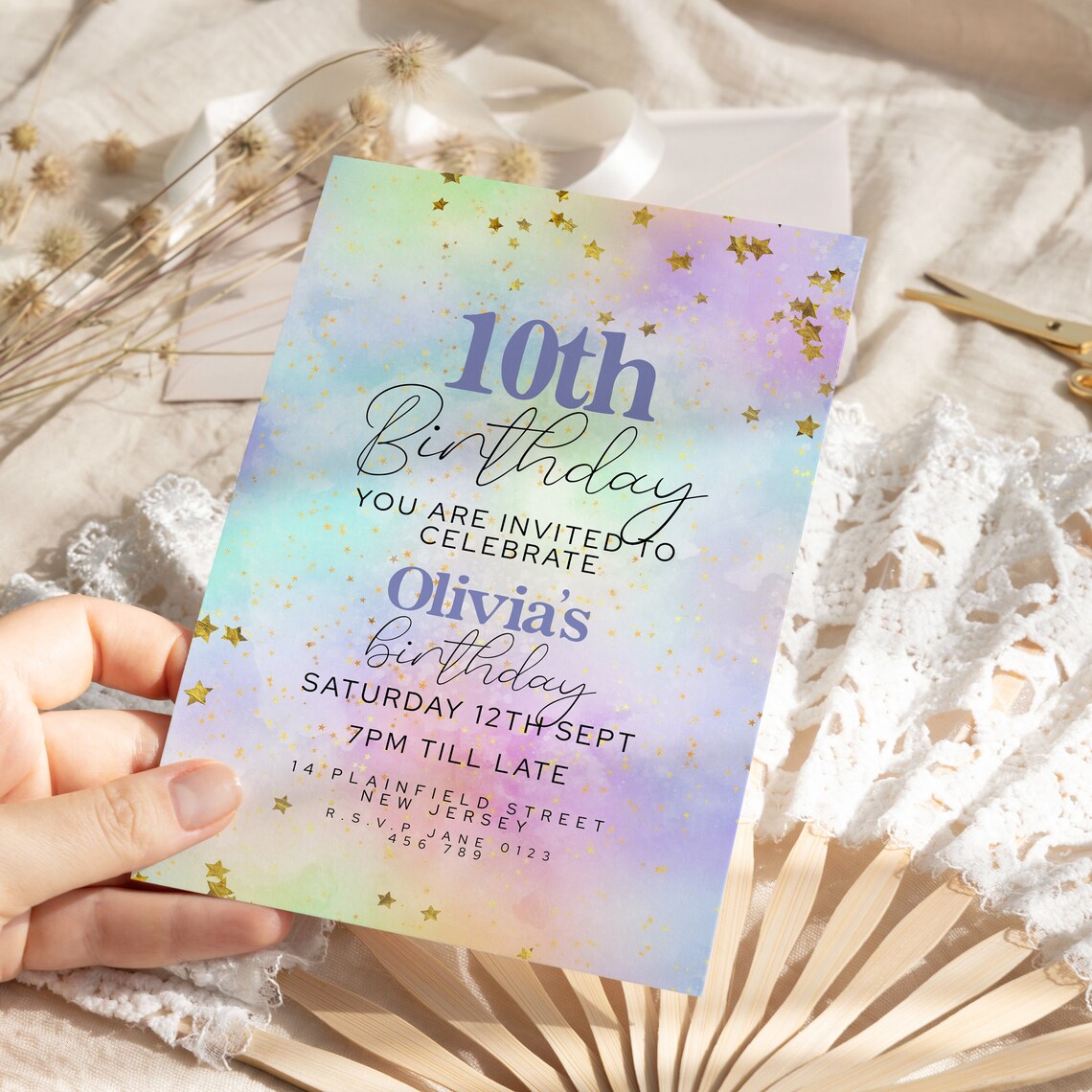 Editable 10th Birthday Invitation Pastel Rainbow Printable Tenth Invite ...