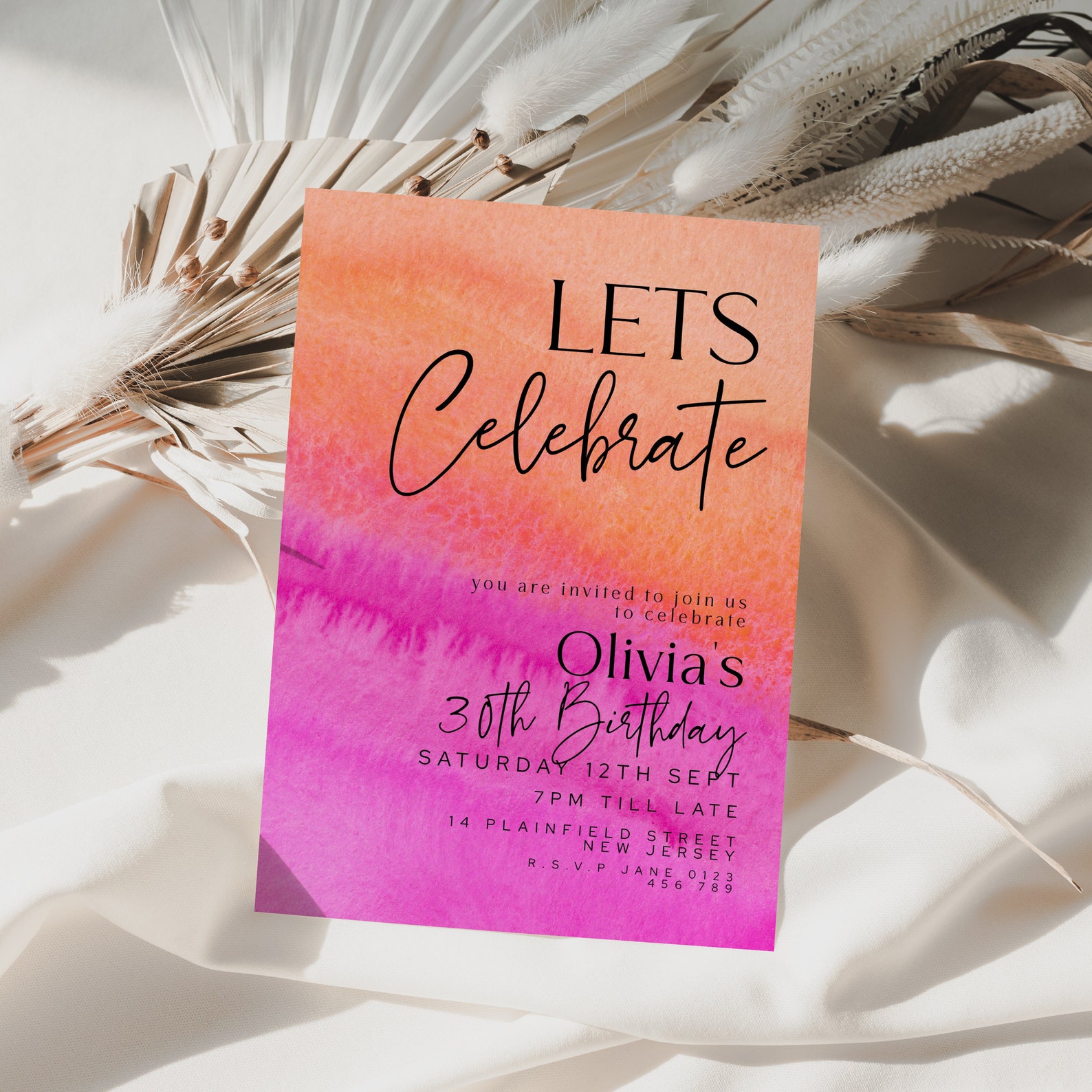 Hot Pink and Orange Invitation Editable Watercolour 30th Birthday Party ...