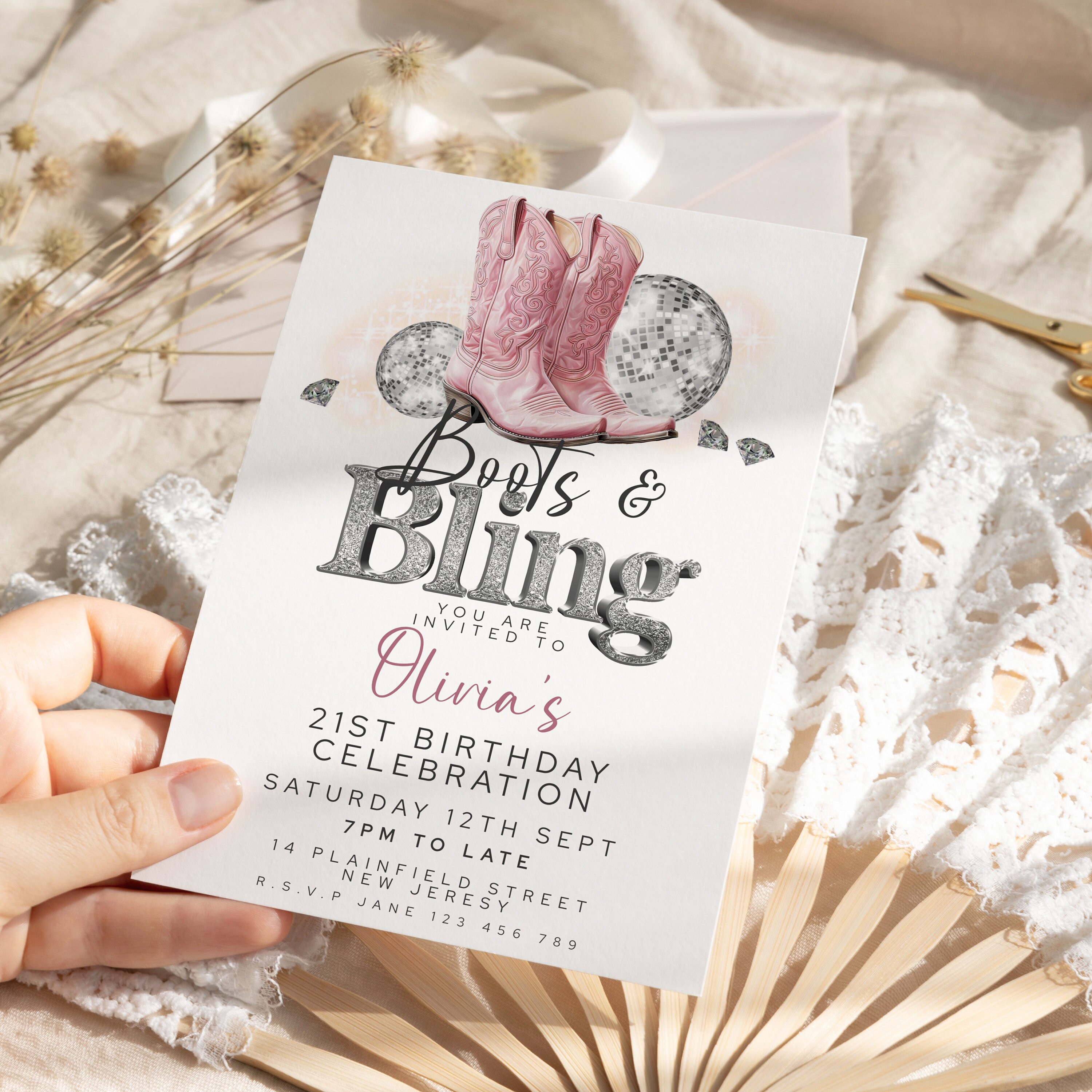 Pink Boots and Bling Invitation Cowboy Boots Birthday Invite Glitter ...