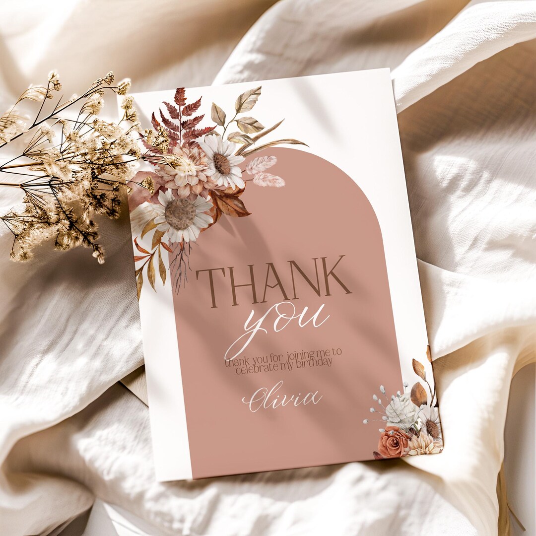 Editable Boho Thank You Card Brown Rustic Flowers Party Thanks Boho ...