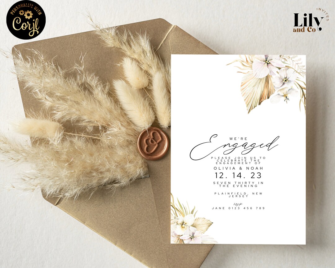 Boho Engagement Invitation Pampas Engaged Party Invite Template ...