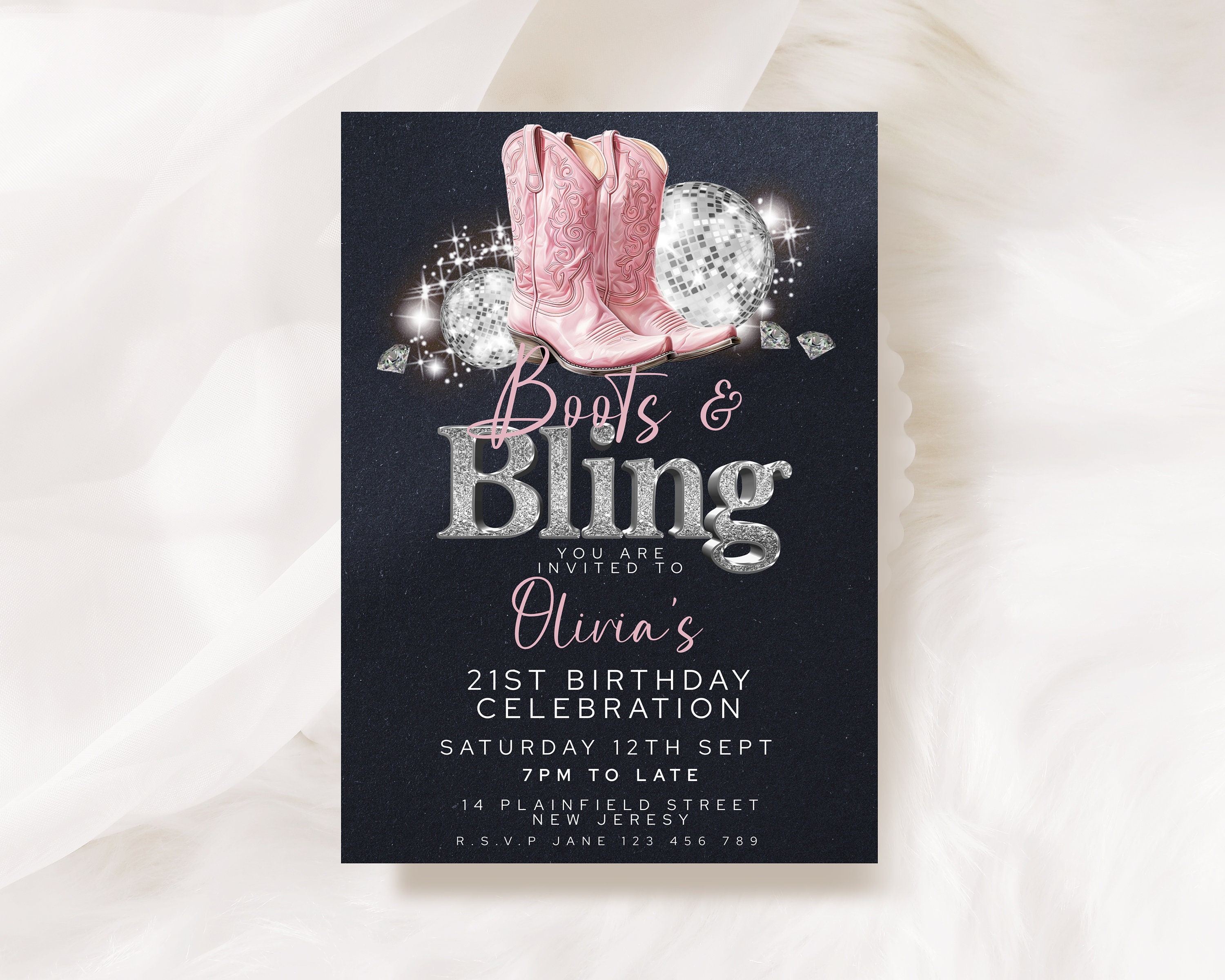 Boots and Bling Invitation Cowboy Boots Birthday Invite Glitter Ball ...