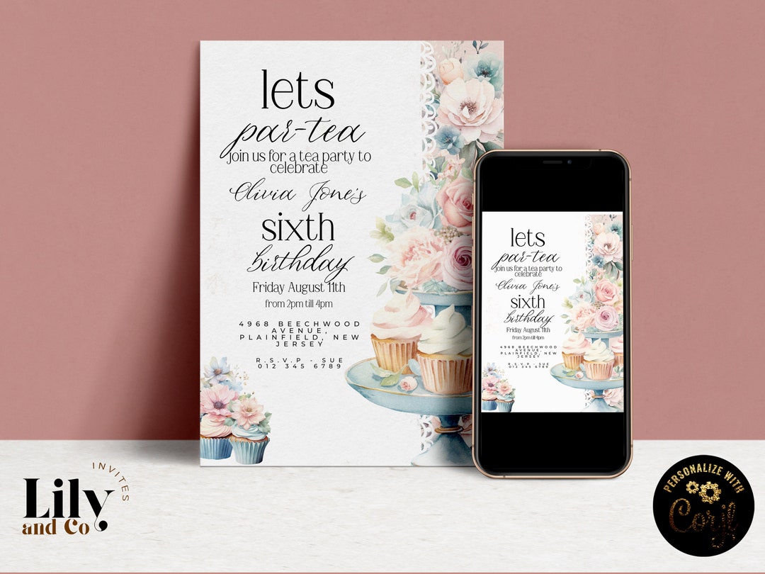 EDITABLE Tea Party Birthday Invitation Pink and Cream Par-tea Invite ...