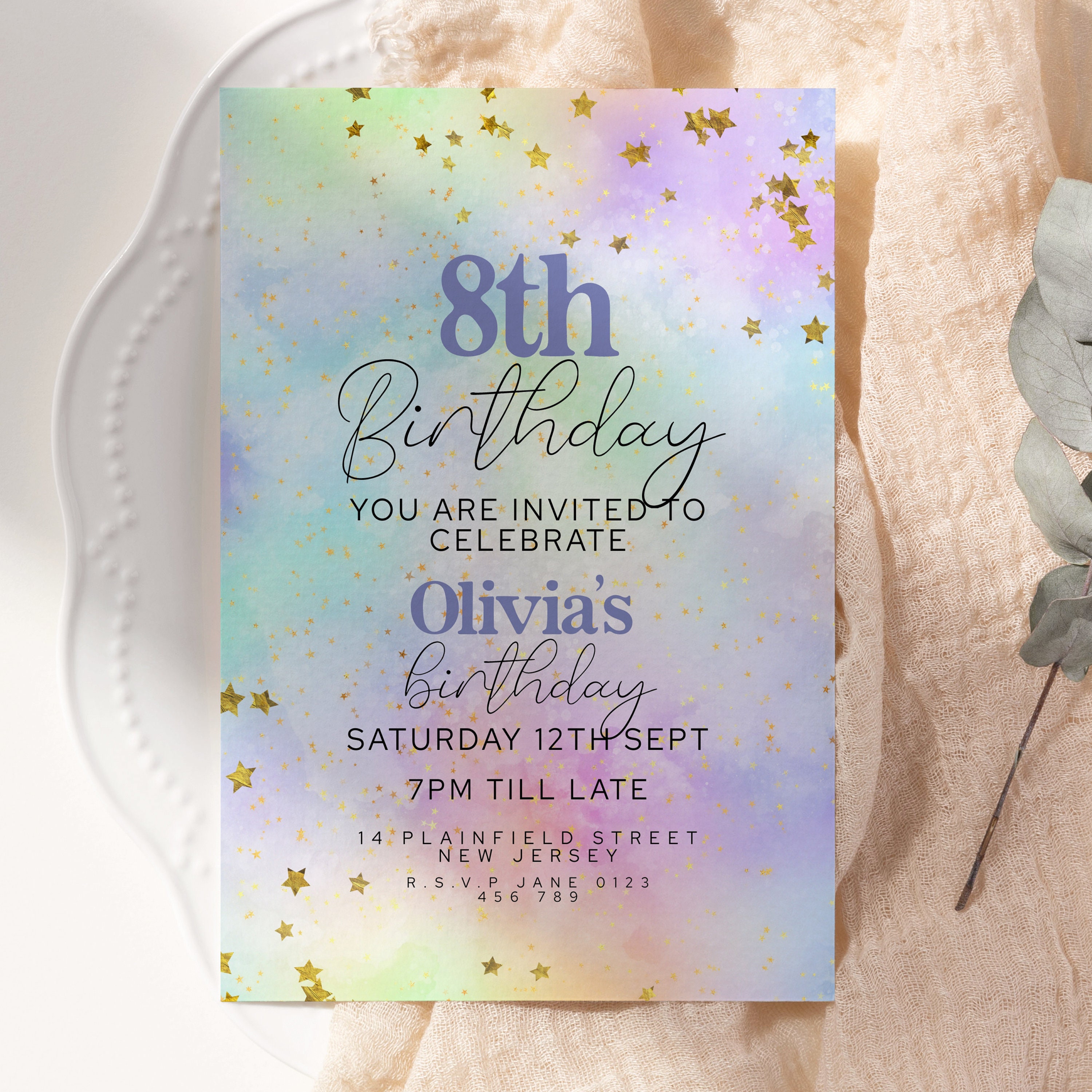 Editable 8th Birthday Invitation Pastel Rainbow Printable Eighth ...