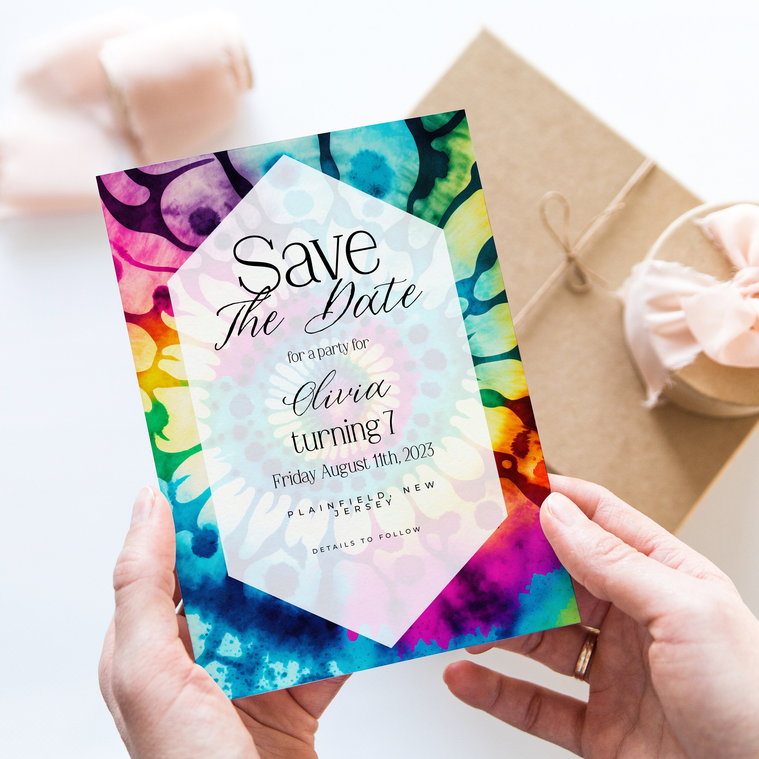 Editable Tie Dye Save the Date Invitations Festival Birthday Colourful ...