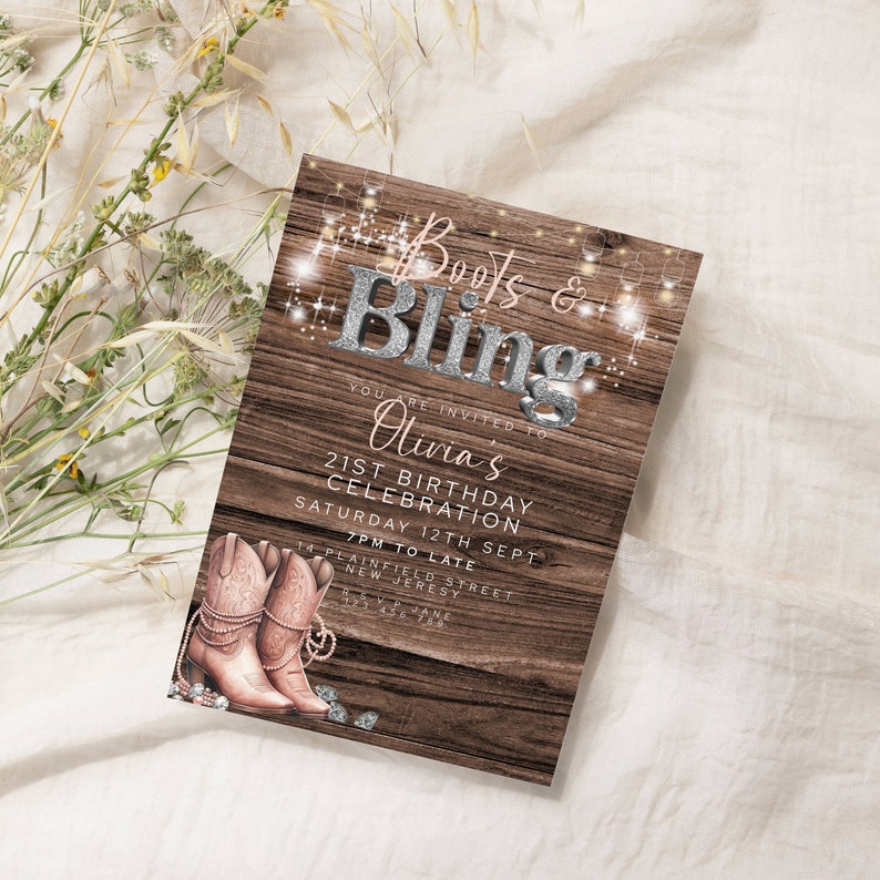 Editable Rustic Cowgirl Birthday Invitation, Printable Rose Gold Boots Bling Birthday Invitation ...
