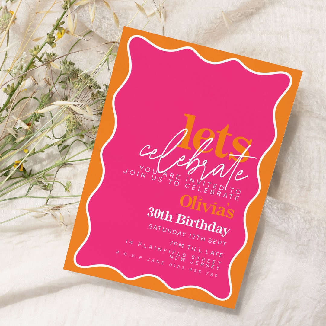 Hot Pink and Orange Retro 30th Birthday Invitations Editable Printable ...