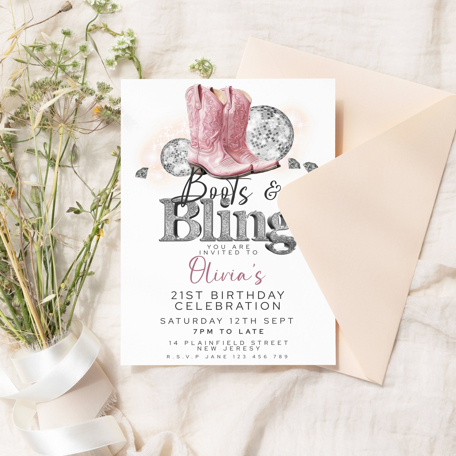 Pink Boots and Bling Invitation Cowboy Boots Birthday Invite Glitter ...