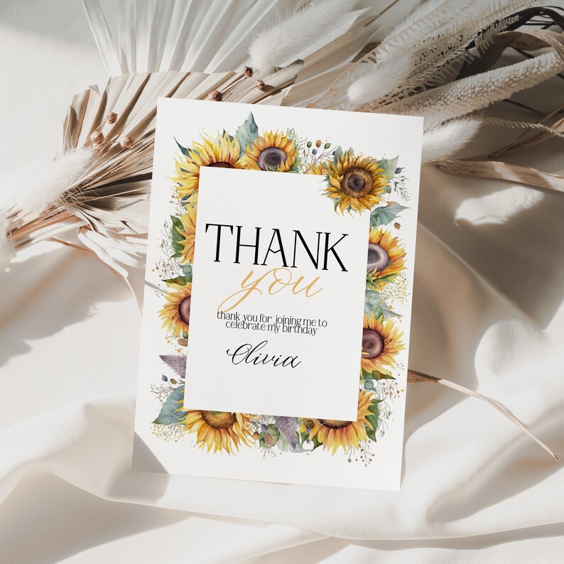 Sunflowers Thank You Card Sunflowers Birthday Thanks Any Age for Women Boho Rustic DIY Printable ...