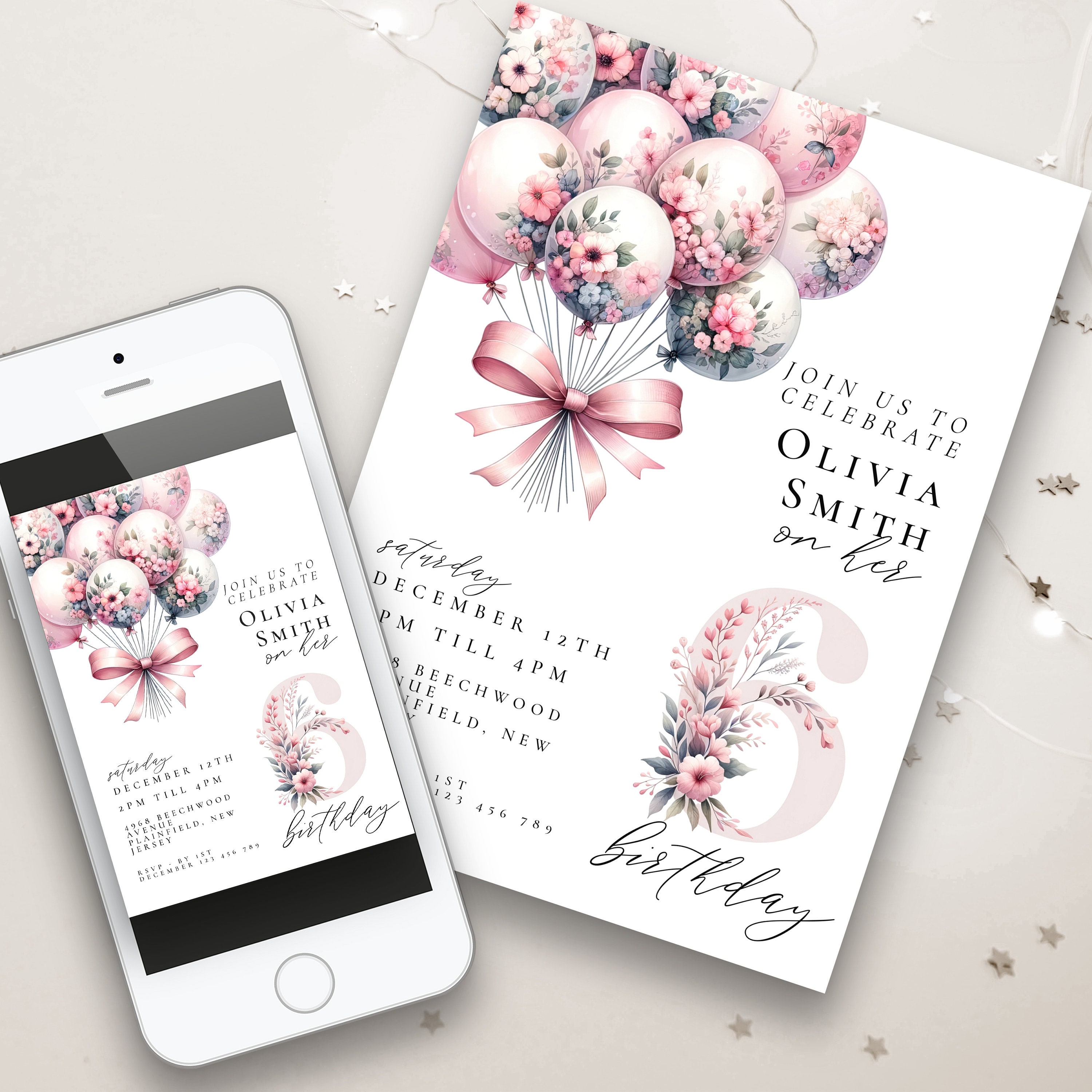 Editable Whimsical 6th Birthday Invitation Pink Balloons Printable Six ...