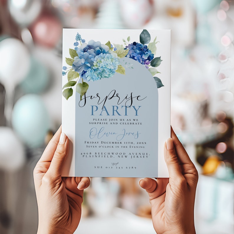Editable Blue Surprise Party Invitation Blue Hydrangeas Any Age ...