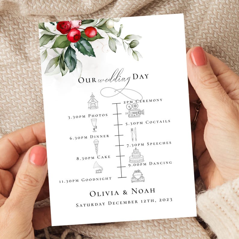 Winter Wedding Timeline Template Editable Christmas Foliage Printable ...
