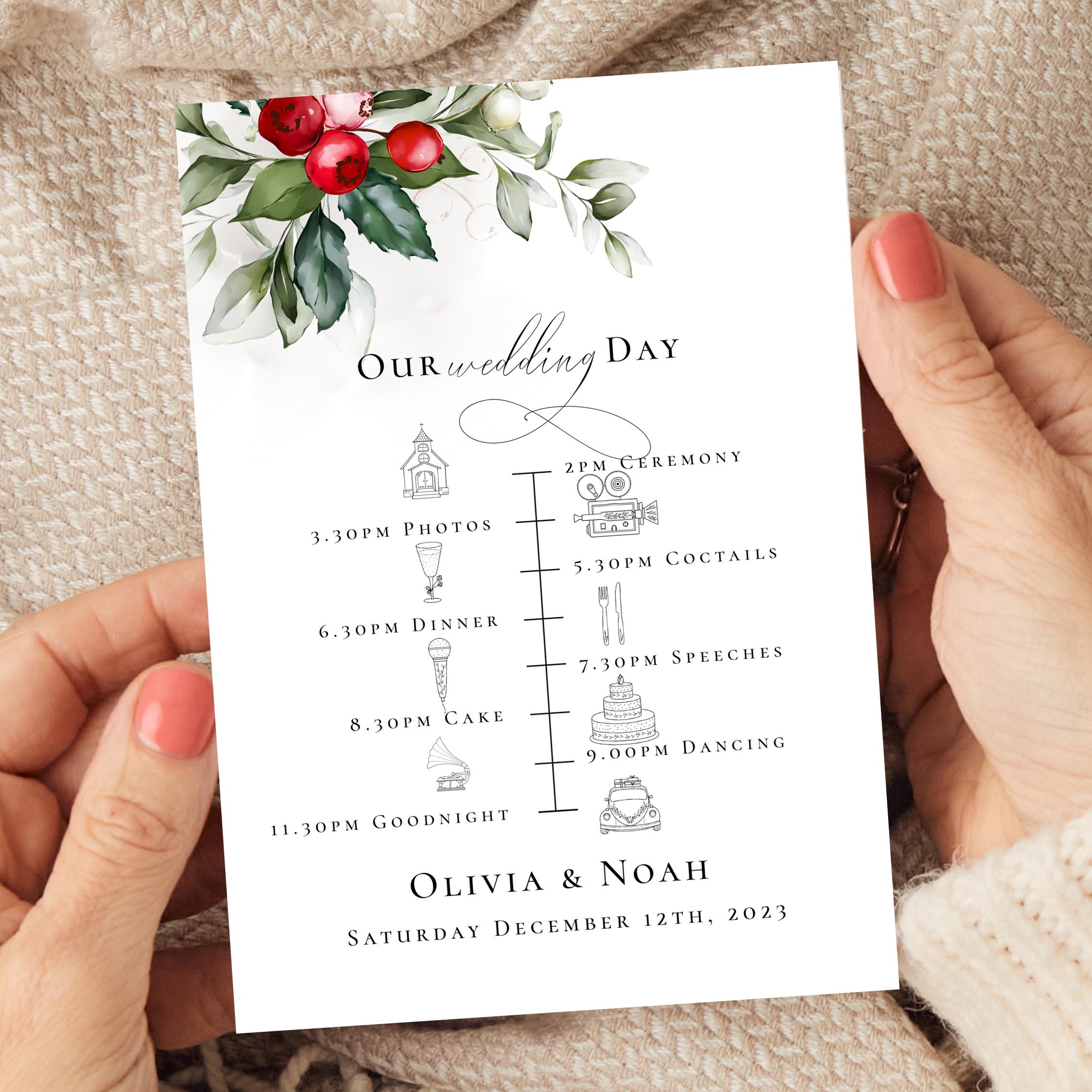 Winter Wedding Timeline Template Editable Christmas Foliage Printable ...