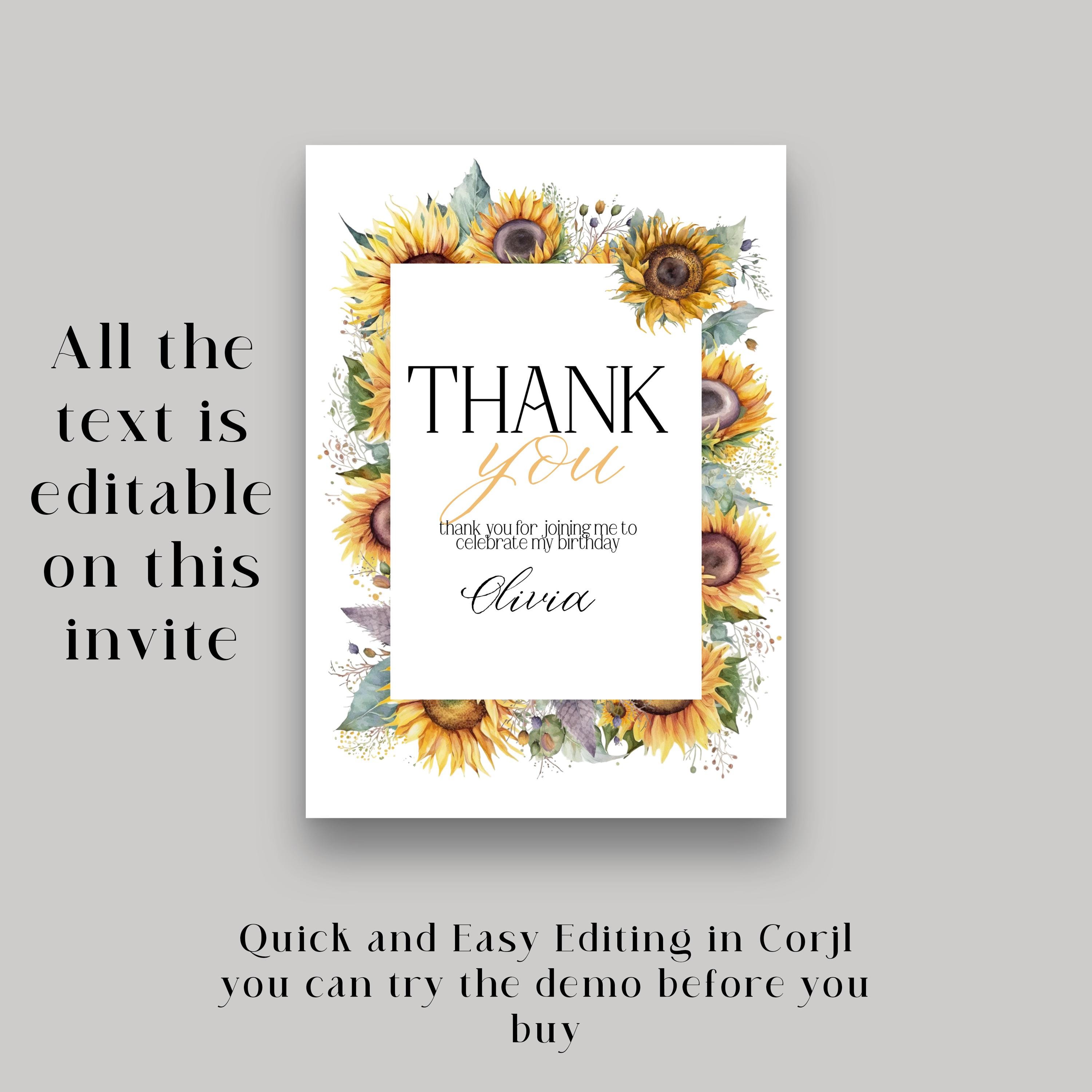 Sunflowers Thank You Card Sunflowers Birthday Thanks Any Age for Women ...