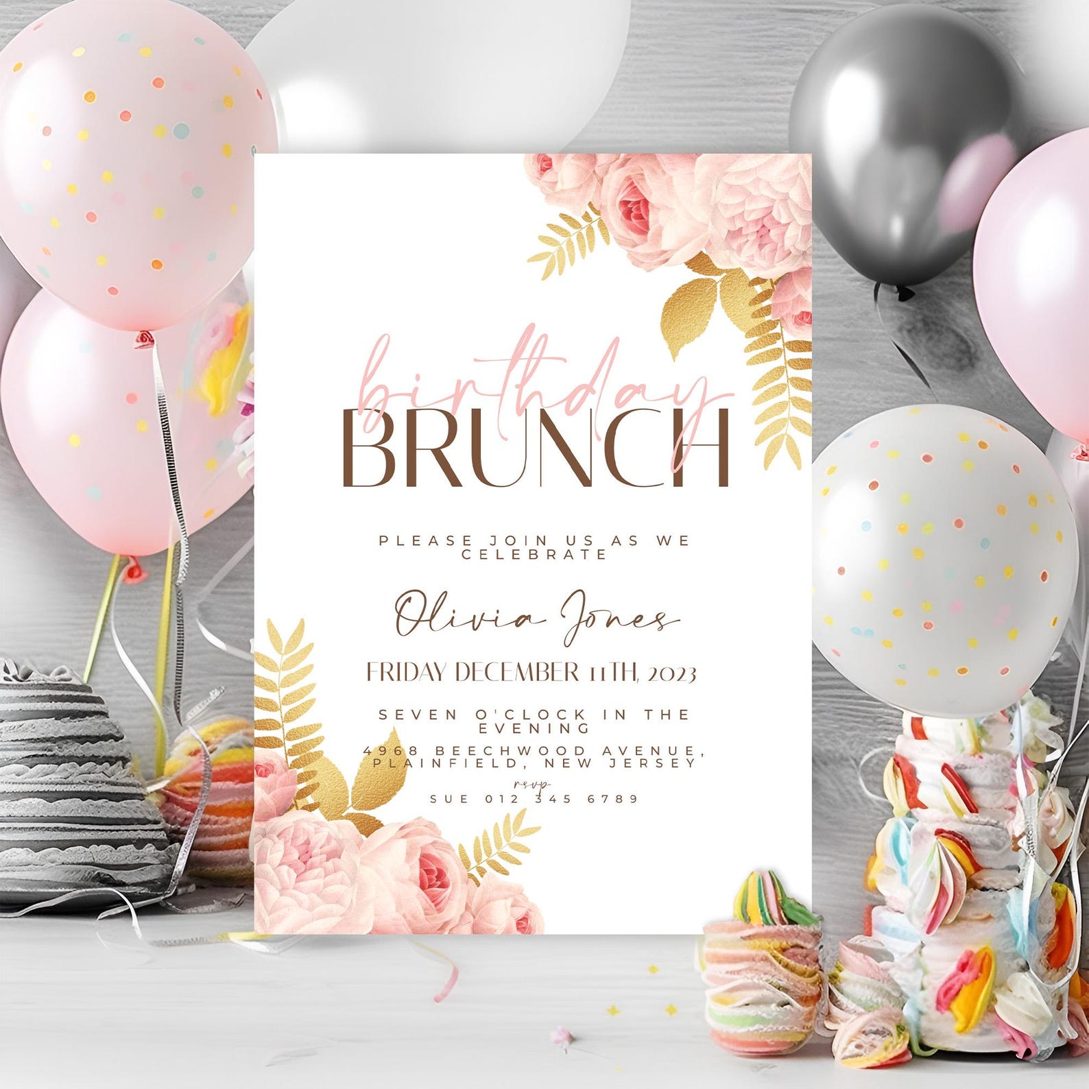 Editable Pink Birthday Brunch Invitation Pink Peach Cream Flowers Any ...