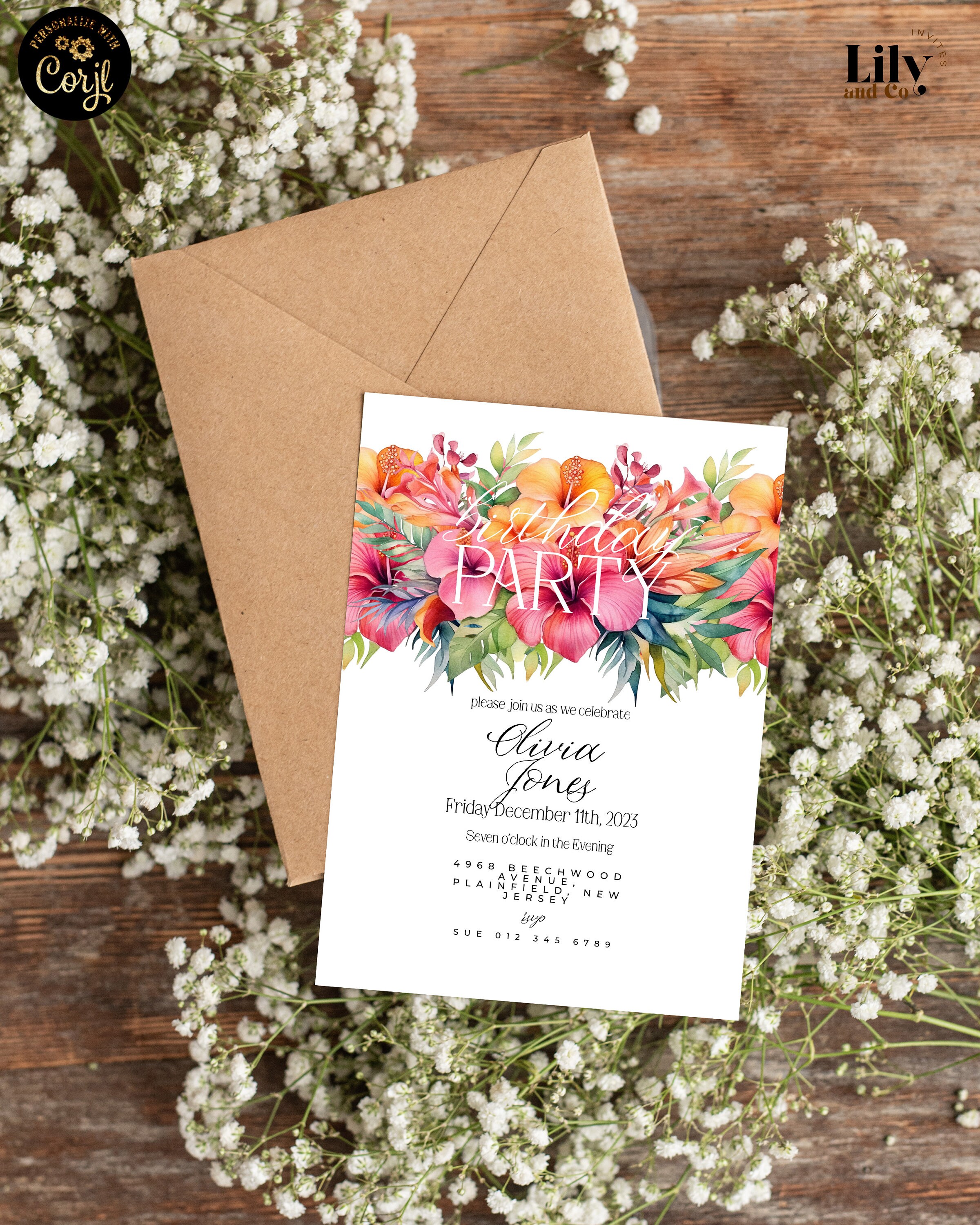 Editable Bright Colourful Floral Birthday Lunch Invitation, Summer ...