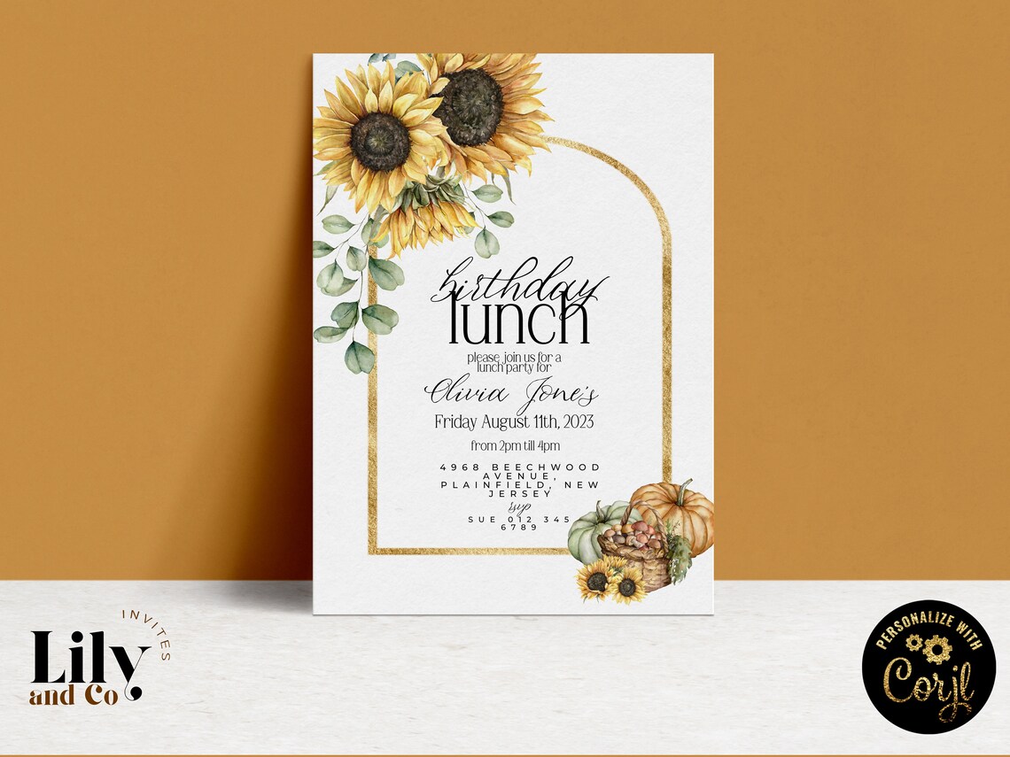 Sunflower Fall Birthday Lunch Invitation Autumn Invite Template All ...