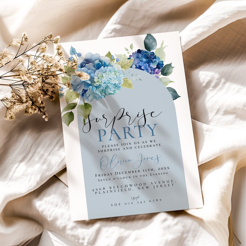Editable Blue Surprise Party Invitation Blue Hydrangeas Any Age ...
