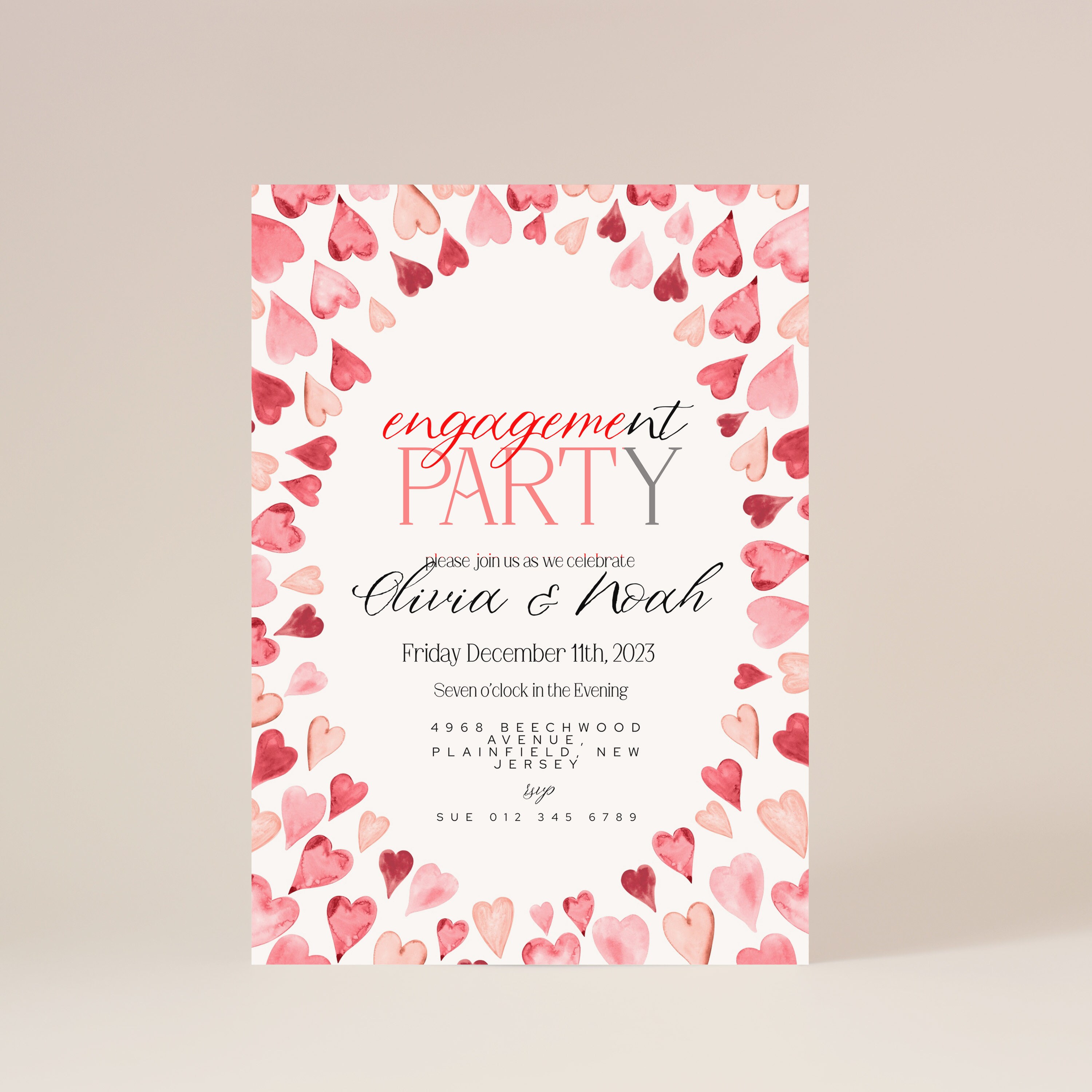 Editable Pink Engagement Party Invitation, Pink and Red Heart Invite ...
