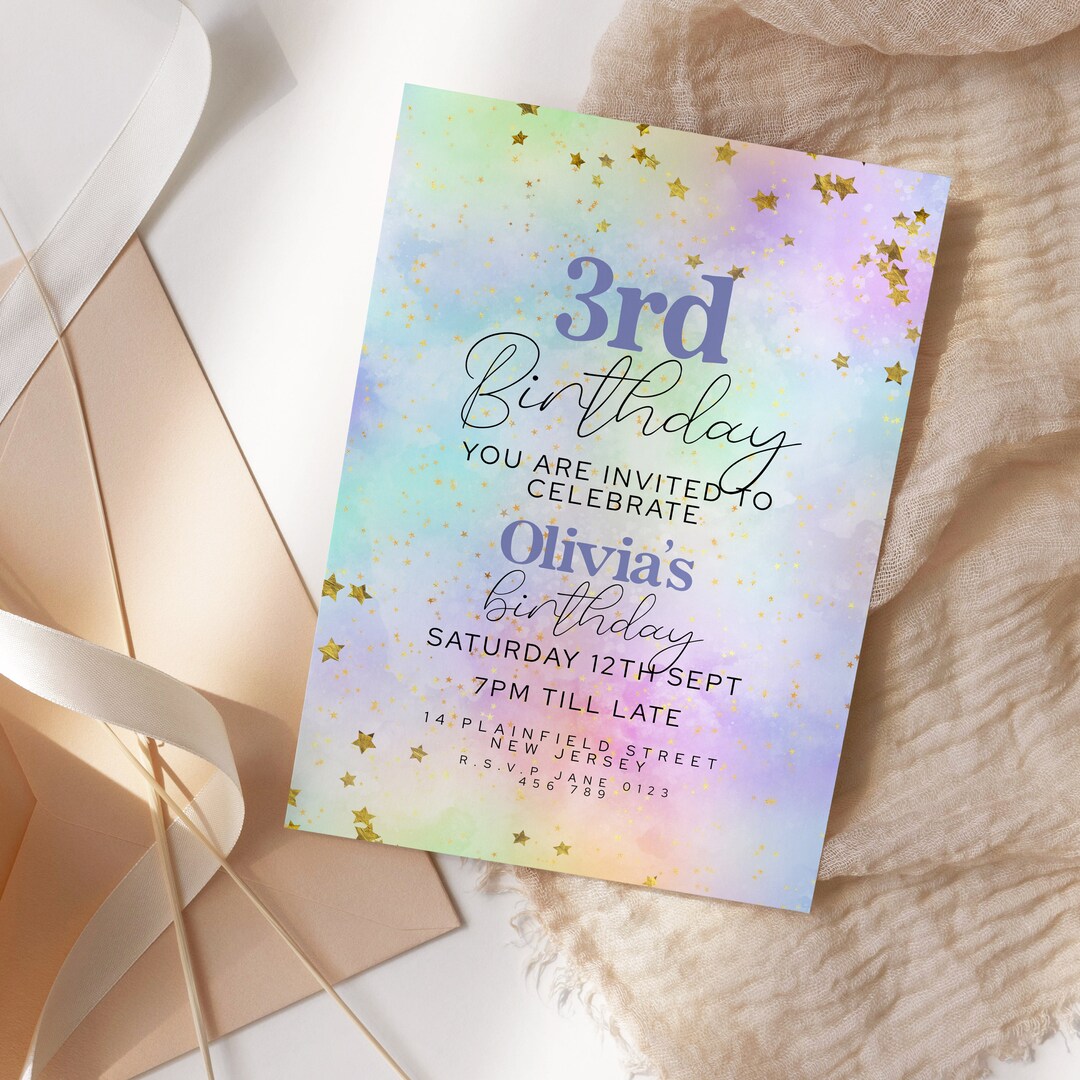 Editable Third Birthday Invitation Pastel Rainbow Printable 3rd ...