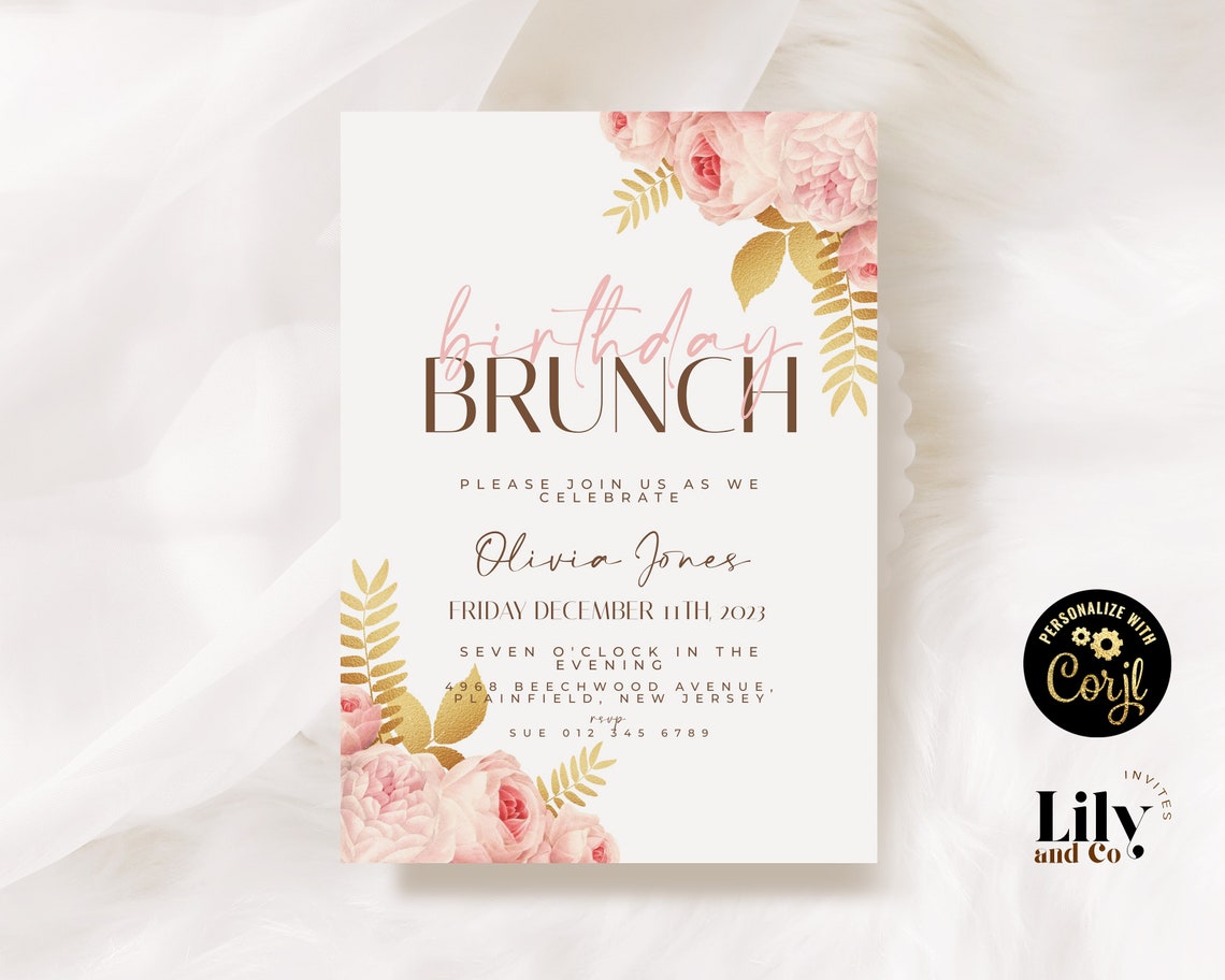 Editable Pink Birthday Brunch Invitation Pink Peach Cream Flowers Any ...