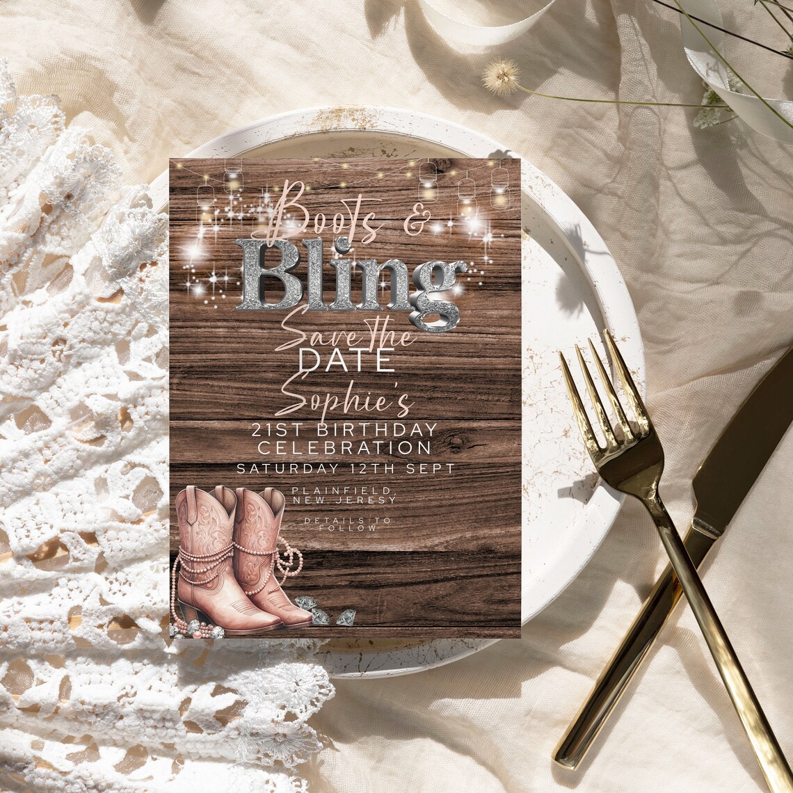 Editable Rustic Cowgirl Birthday Invitation, Printable Rose Gold Boots Bling Birthday Invitation ...