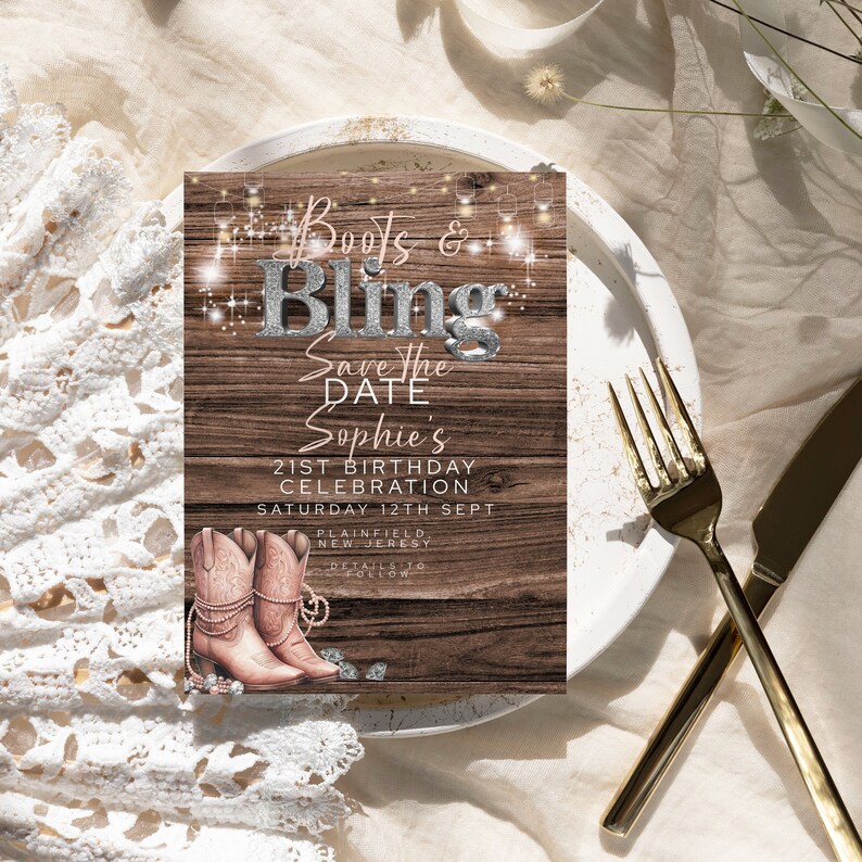 Editable Rustic Cowgirl Birthday Invitation, Printable Rose Gold Boots Bling Birthday Invitation ...