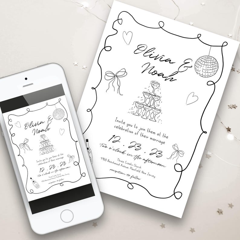 Hand Drawn Wedding Invitation Template Set Doodle Printable Invite Suit ...
