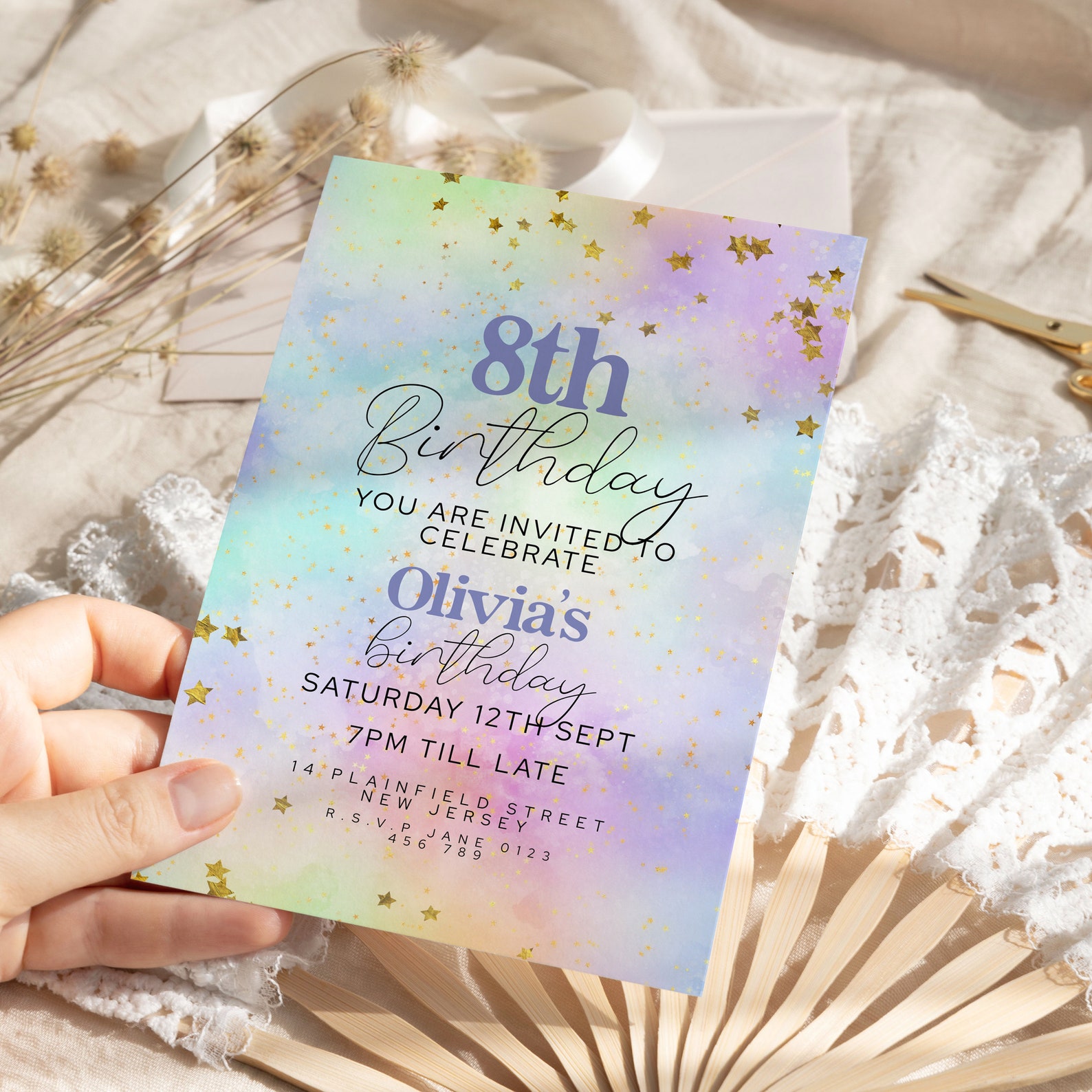 Editable 8th Birthday Invitation Pastel Rainbow Printable Eighth ...