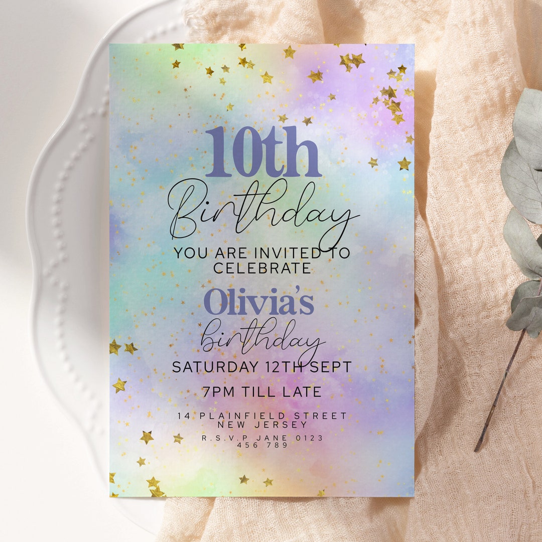 Editable 10th Birthday Invitation Pastel Rainbow Printable Tenth Invite ...