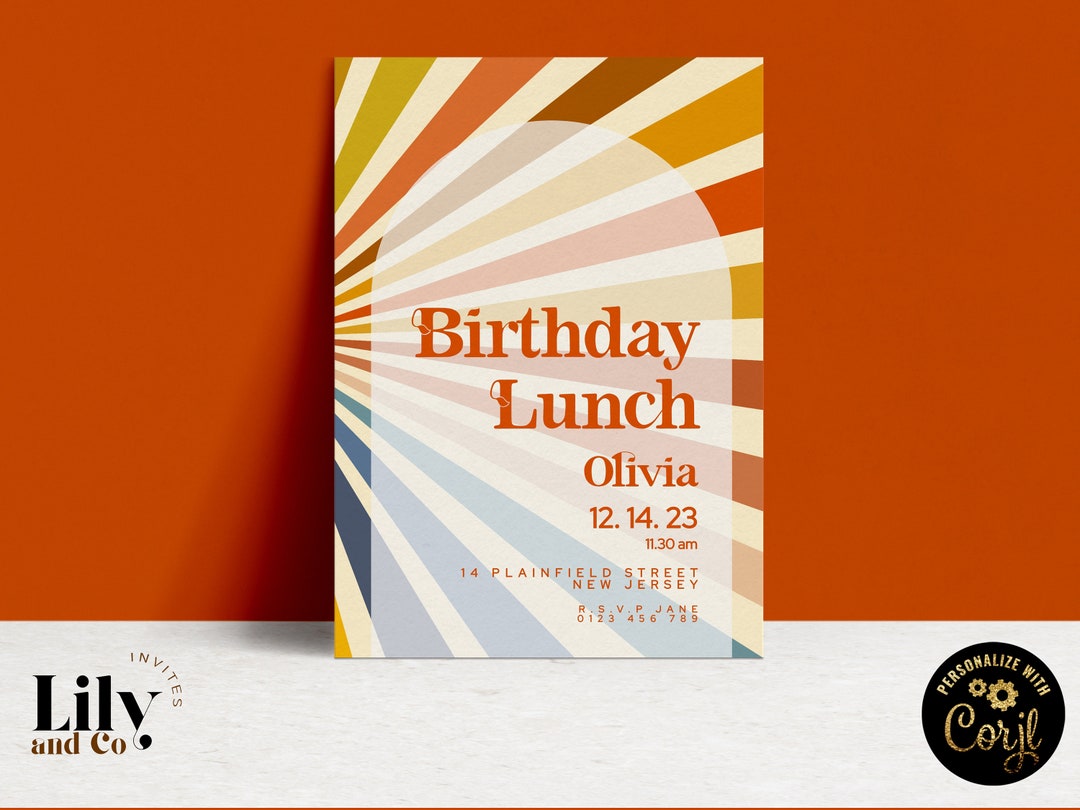 Editable Birthday Lunch Invitations Modern Muted Rainbow Retro Lunch ...