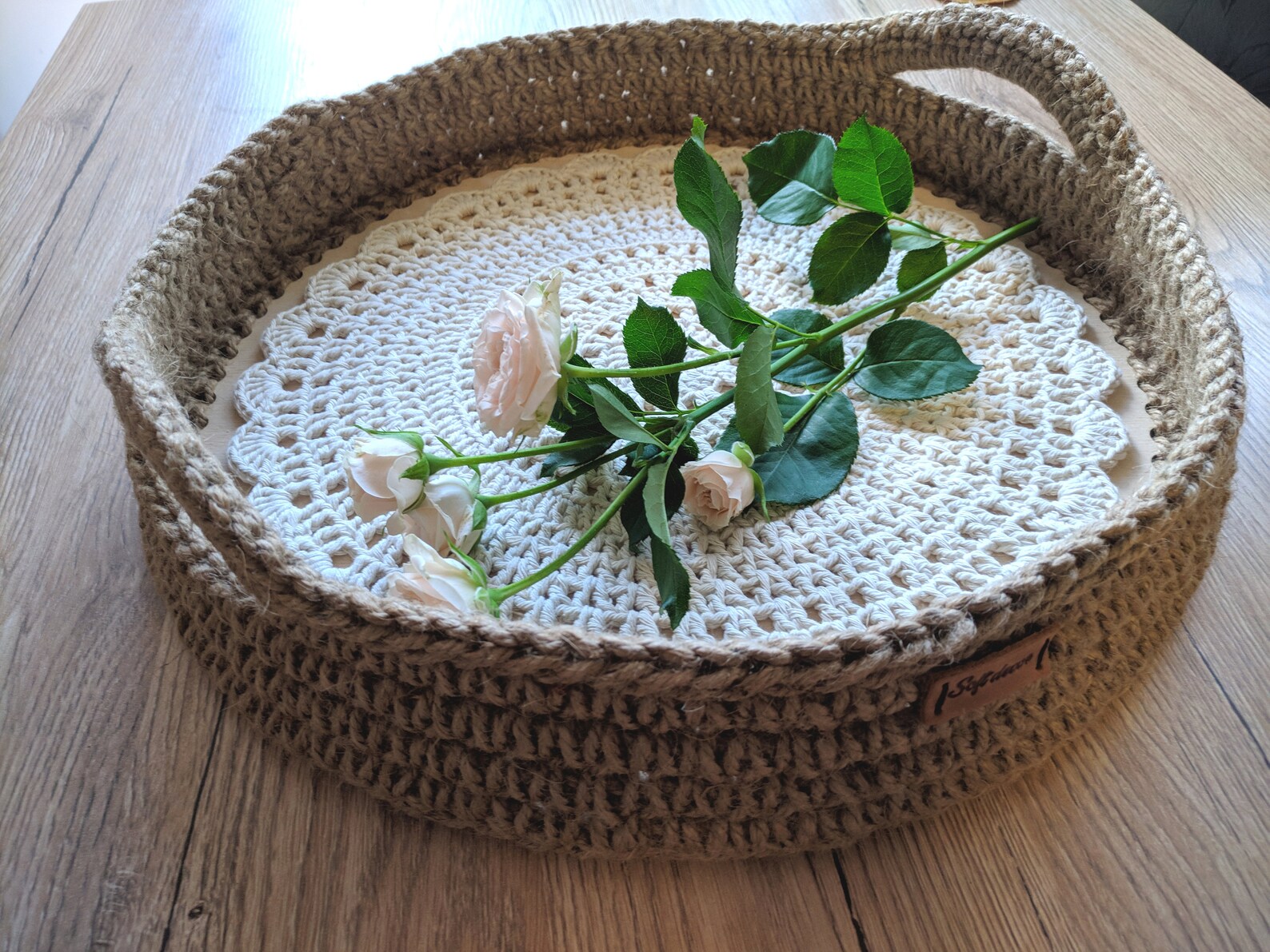Round Crochet Jute Tray With Handles | Handmade Breakfast Tray in Bed ...