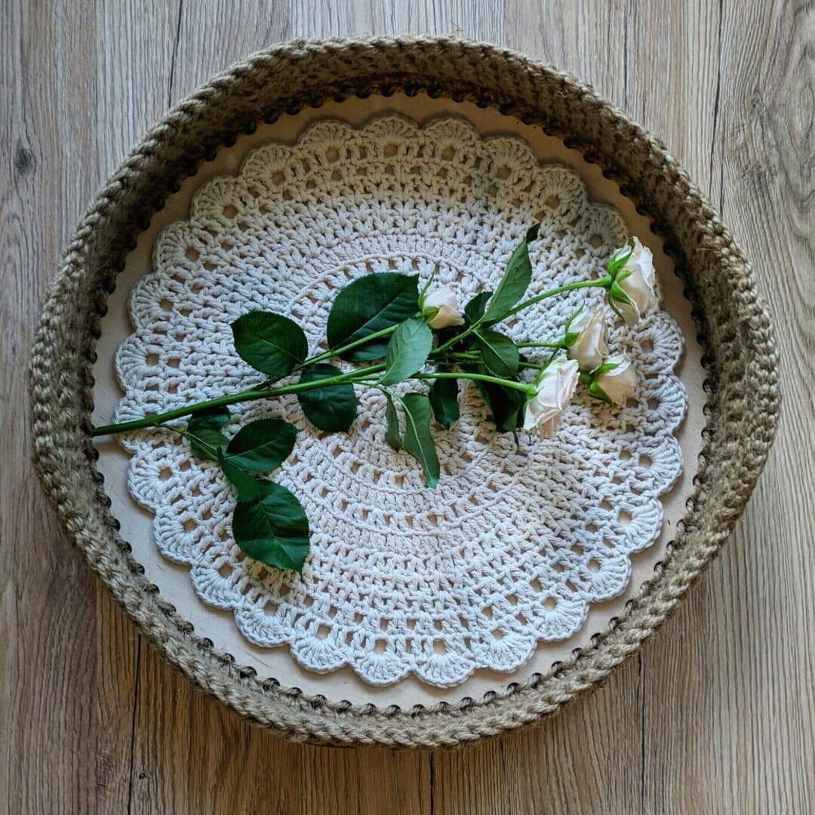 Round Crochet Jute Tray With Handles | Handmade Breakfast Tray in Bed ...